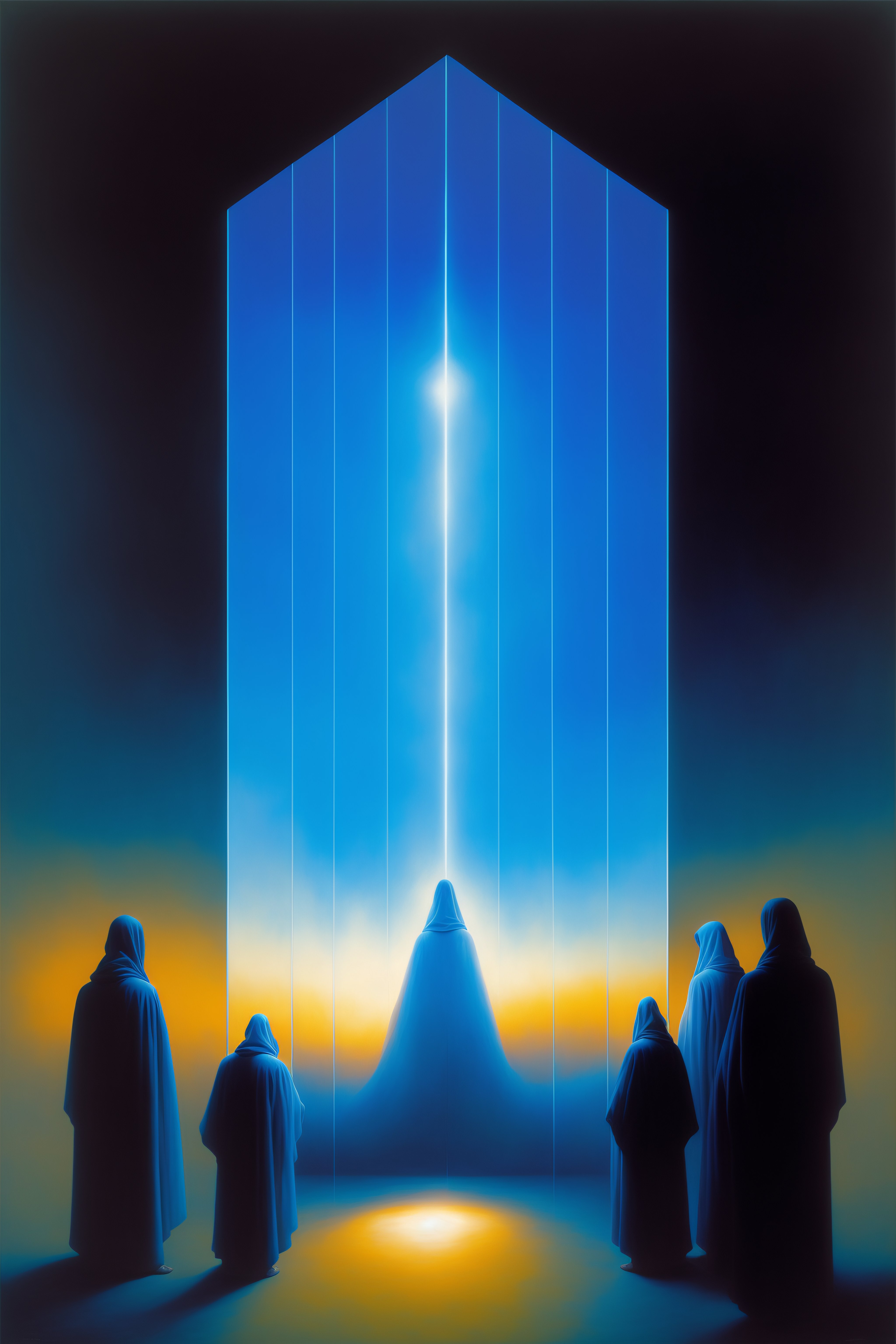 Lexica - Worshippers in robes huddled around a very complex gigantic ...