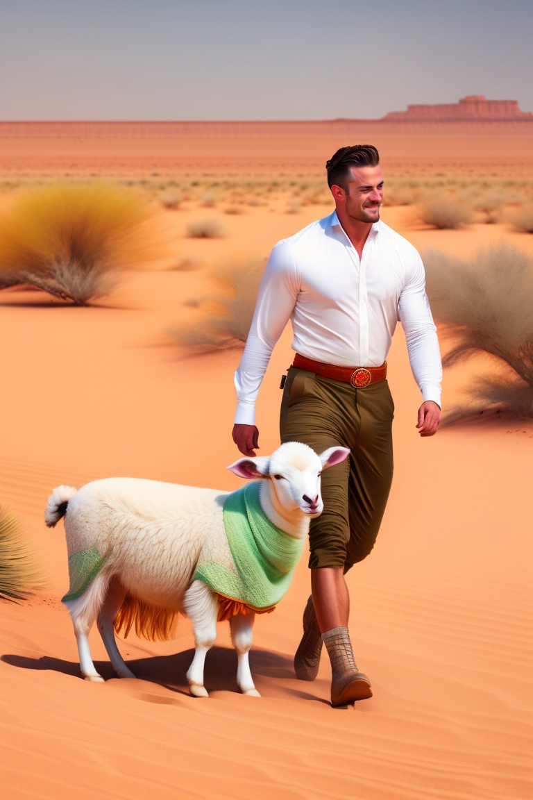 Lexica - "A runaway lamb in the desert with a man wearing a colorful ...