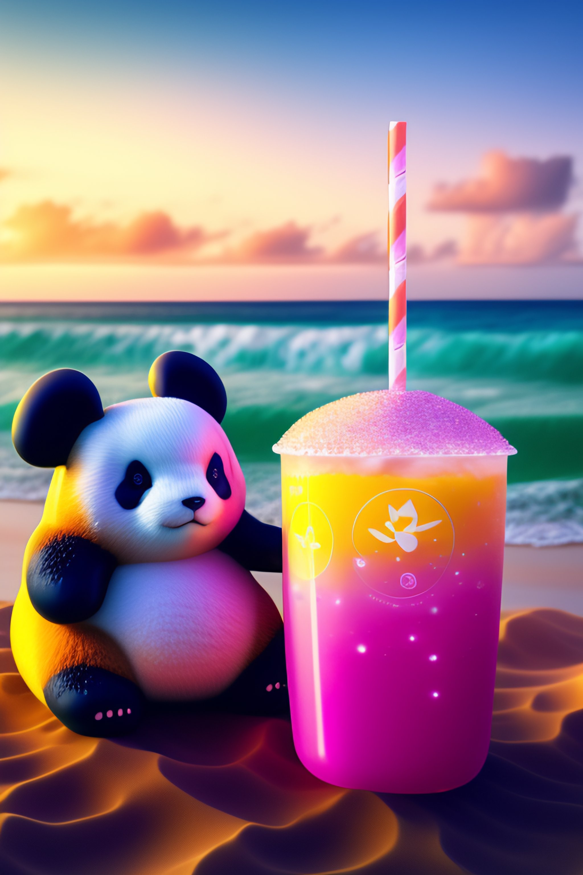 Lexica - Pikachu drinking bubble tea with a cute giant panda on a beach ...
