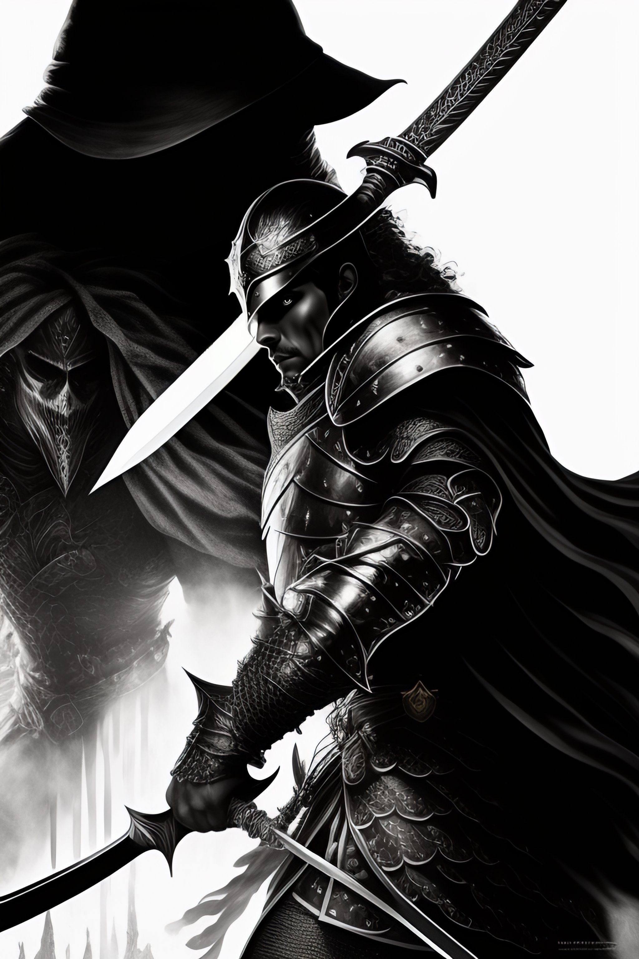Lexica - Male knight raising sword, fighting a zombie, black and white ...