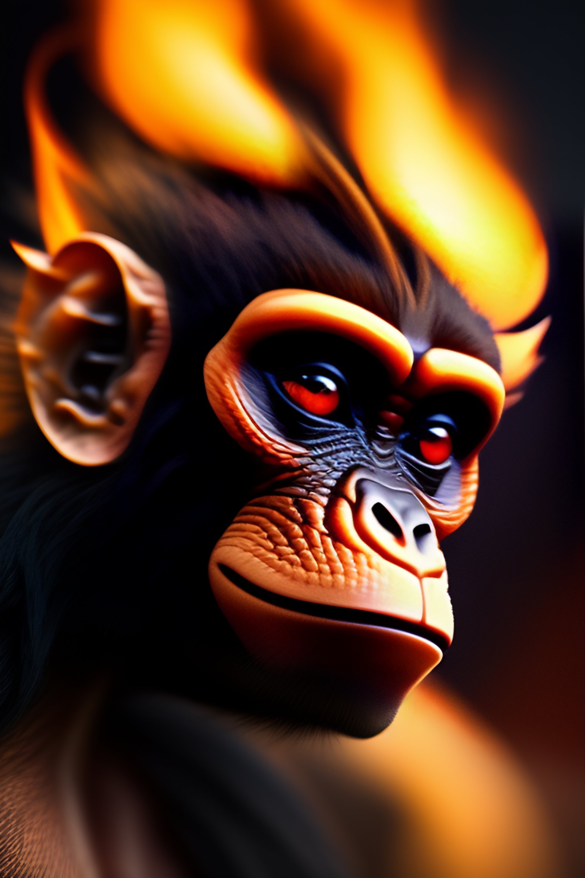 Lexica - Close up portrait of a hybrid anthropomorph fire demon monkey
