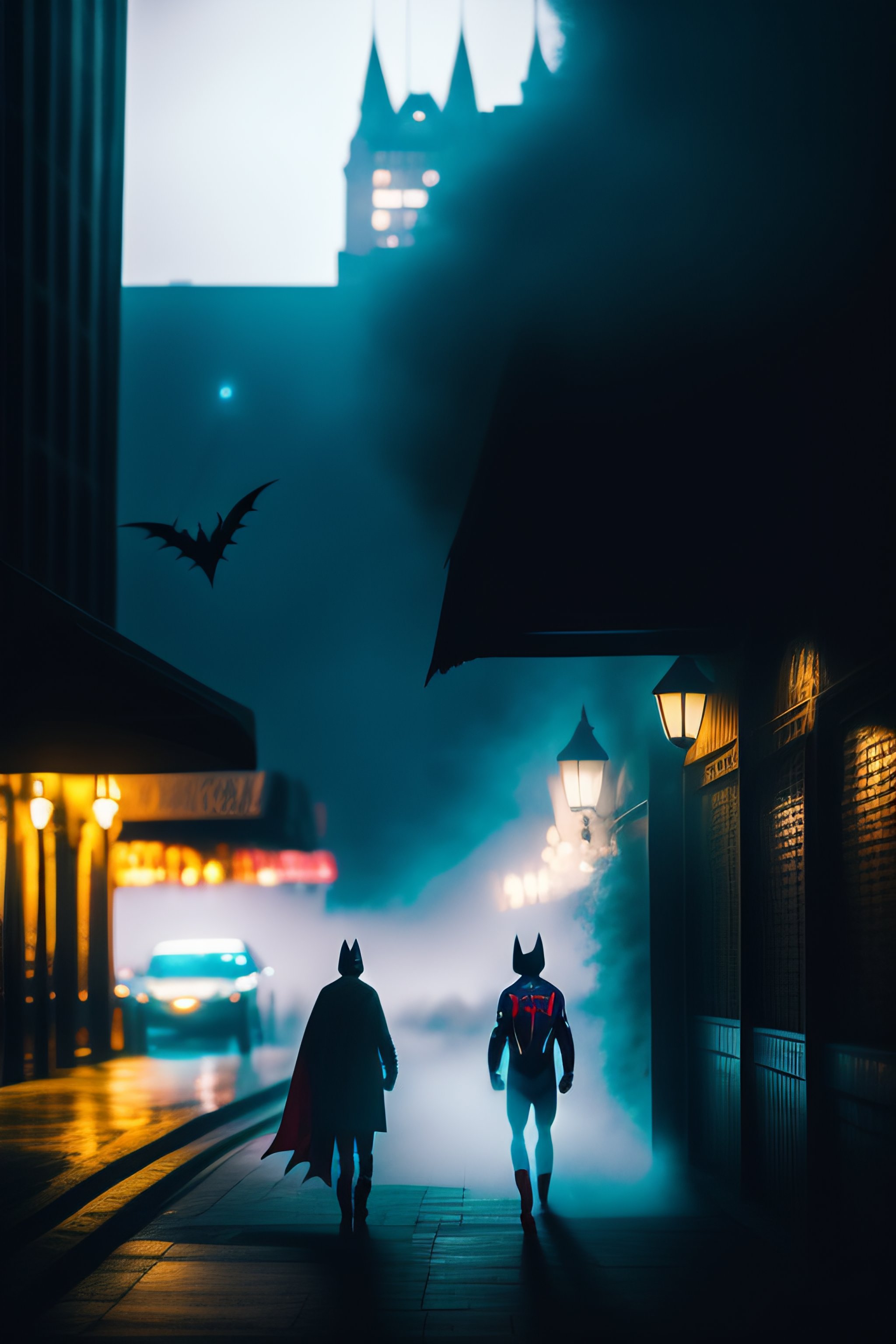 Lexica - Batman and spiderman, film poster, grain, cinematic, fog, city ...