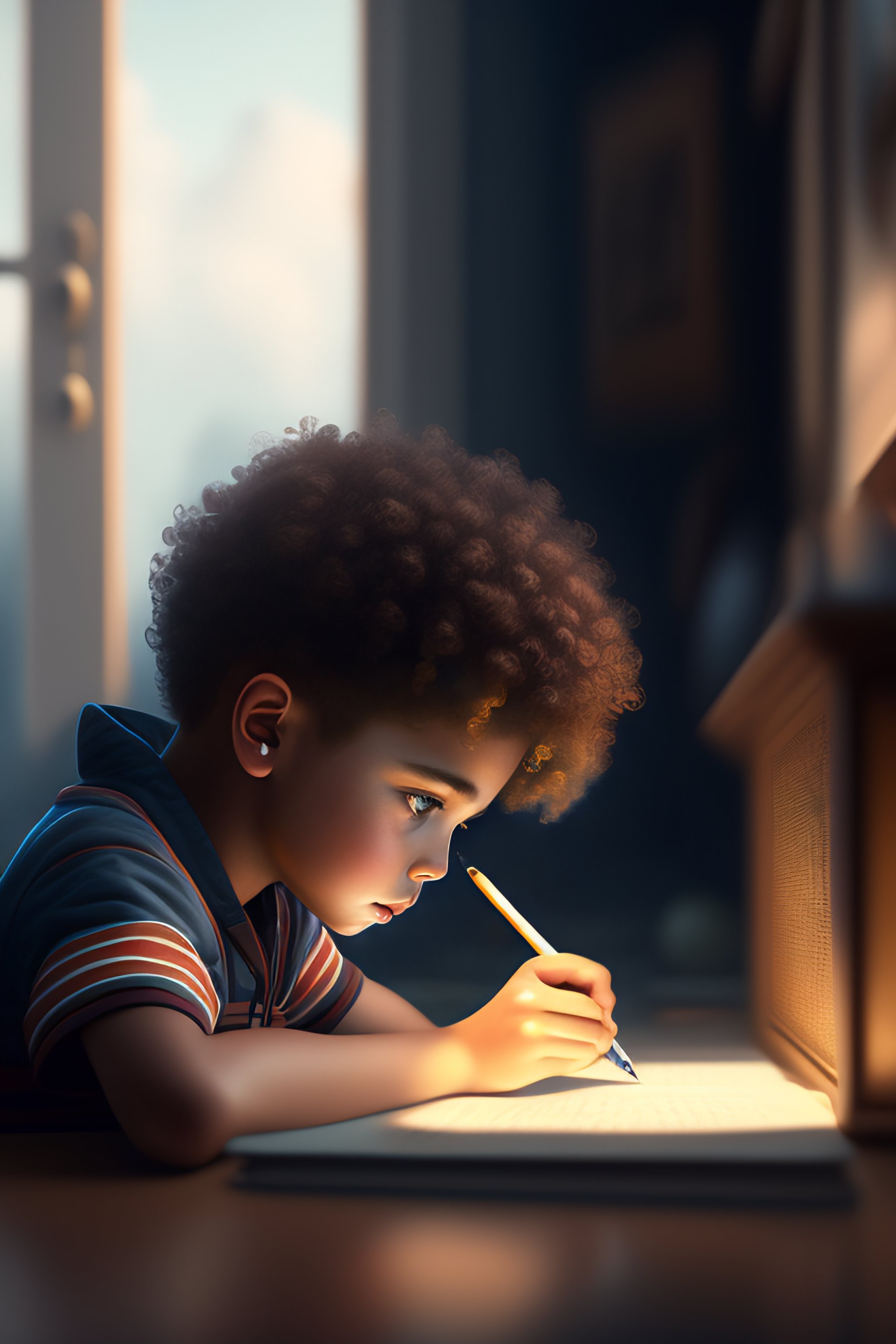 Lexica - A young kid writing on a notepad, white kid, curly hair ...