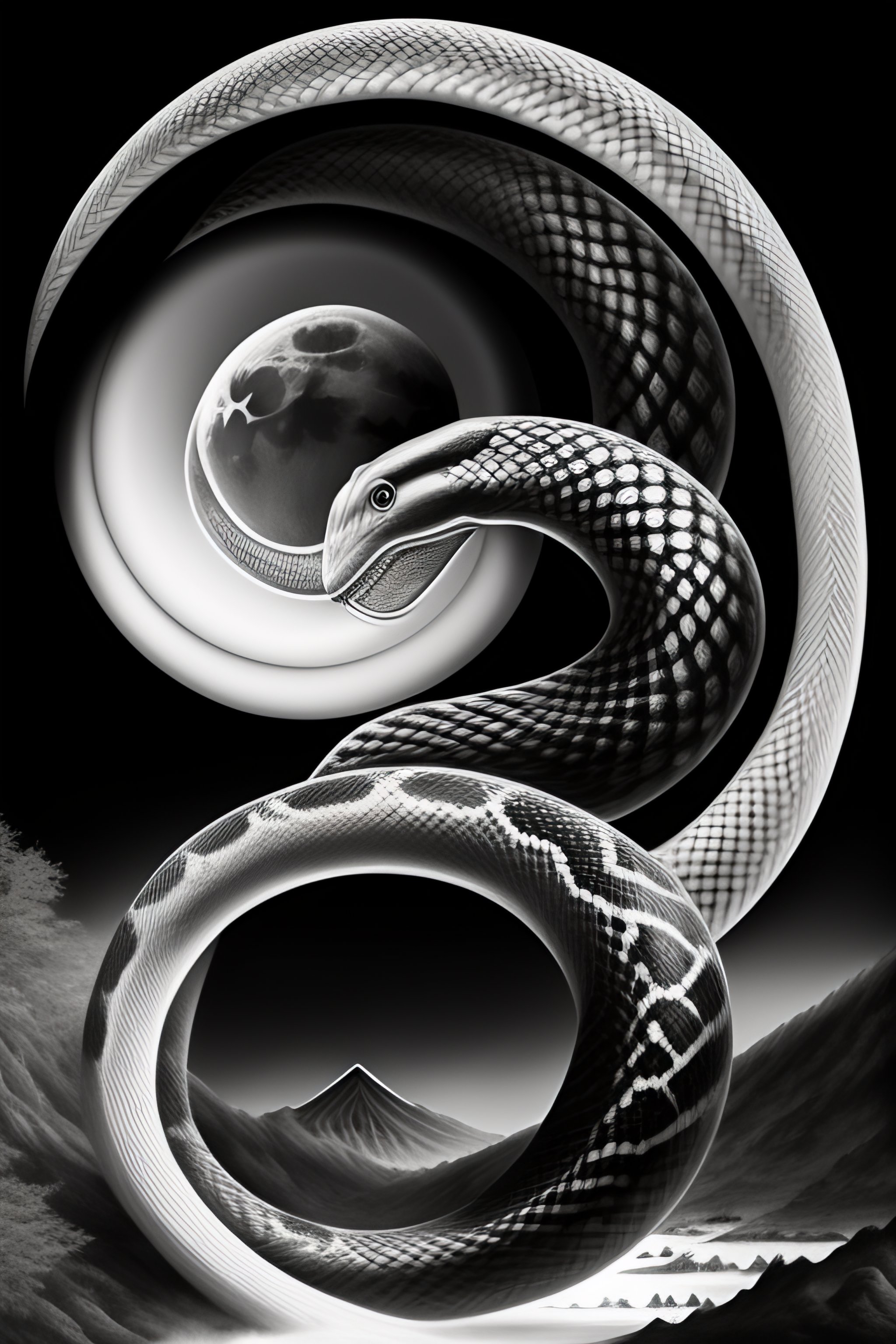 Lexica - Realistic 2 snakes and moon japanese style black and white
