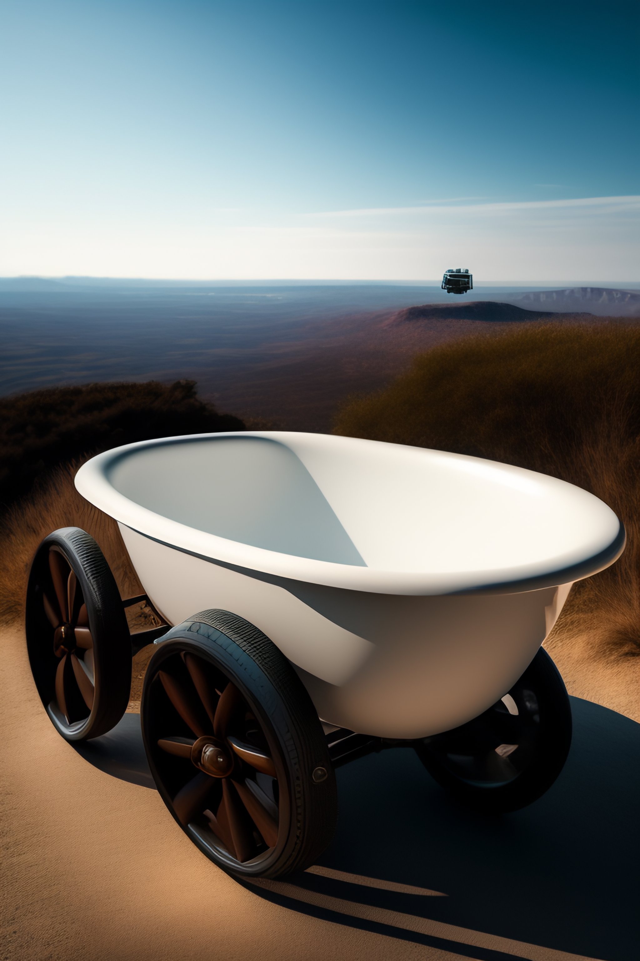 Lexica - A bathtub on big wheels, seen from behind, in daylight