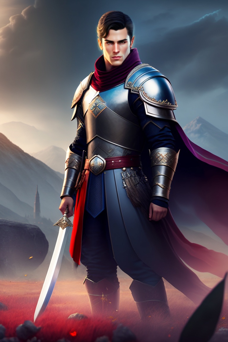 Lexica - A one-eyed, dark-haired young knight, holding his sword in his ...