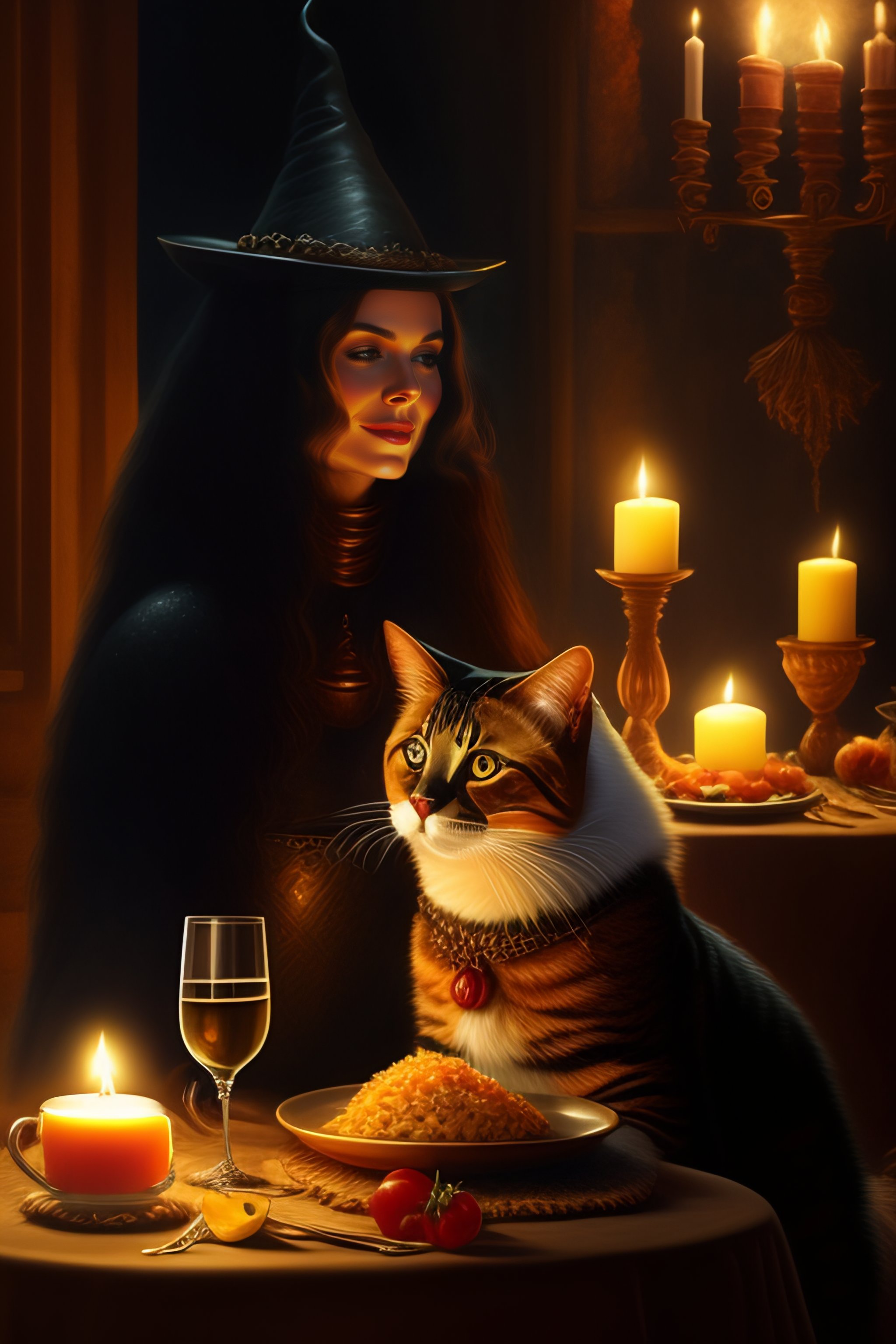 Lexica - A witch and her cat eating dinner in Mecklenburg in 1376