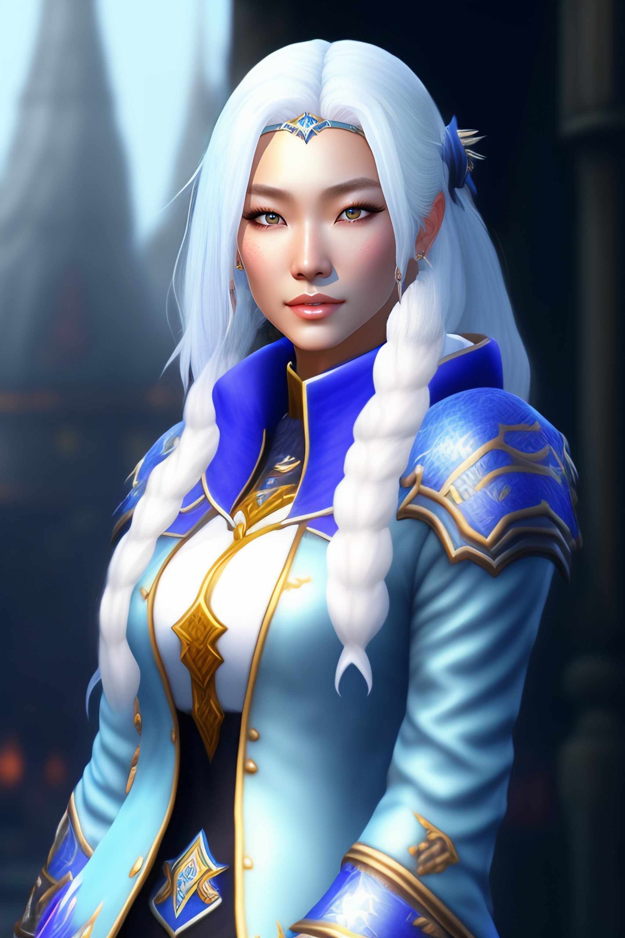 Lexica - White hair woman blue jacket Korean in the style of world of ...