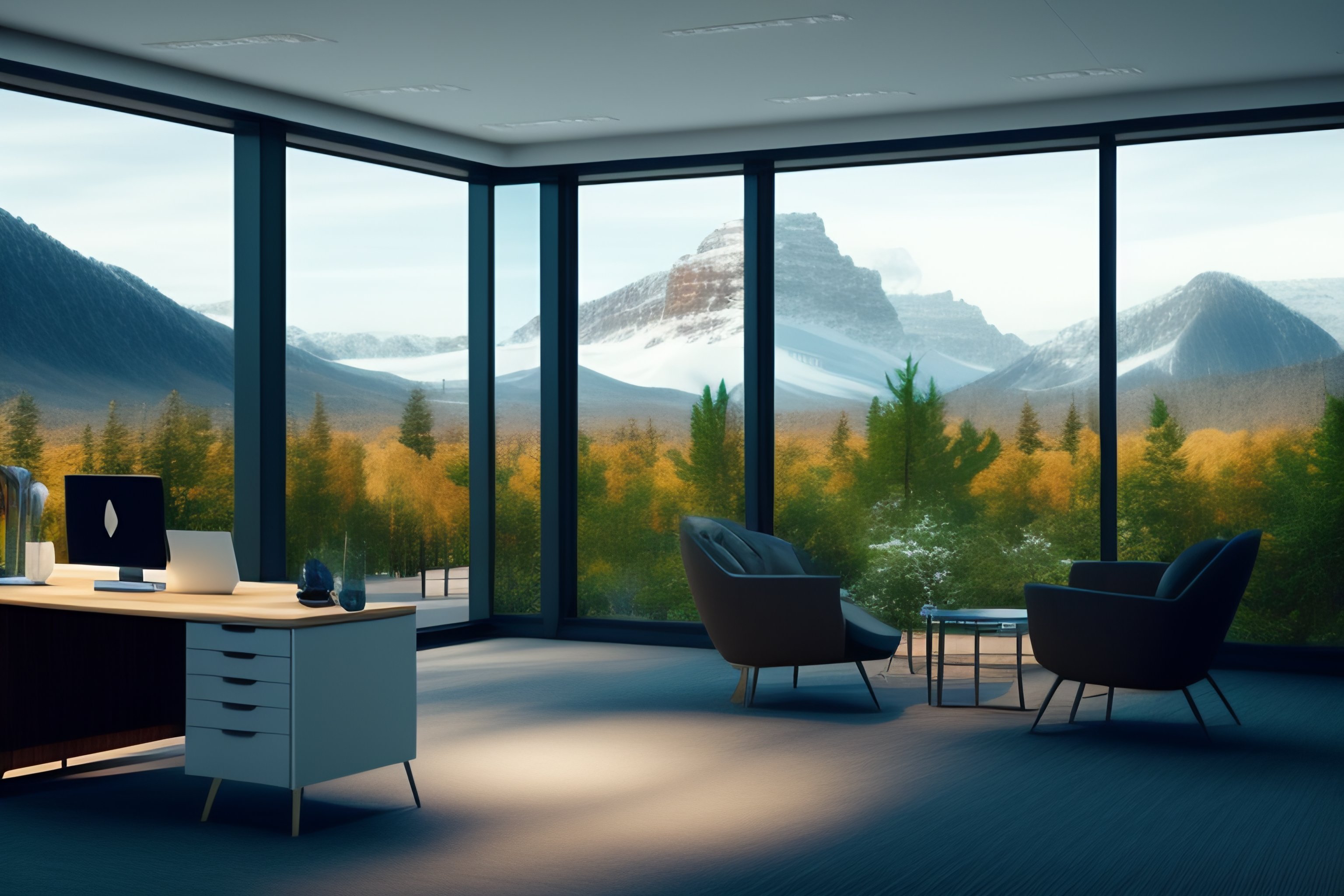 Lexica - Office interiors with vegetation view mountain with snow