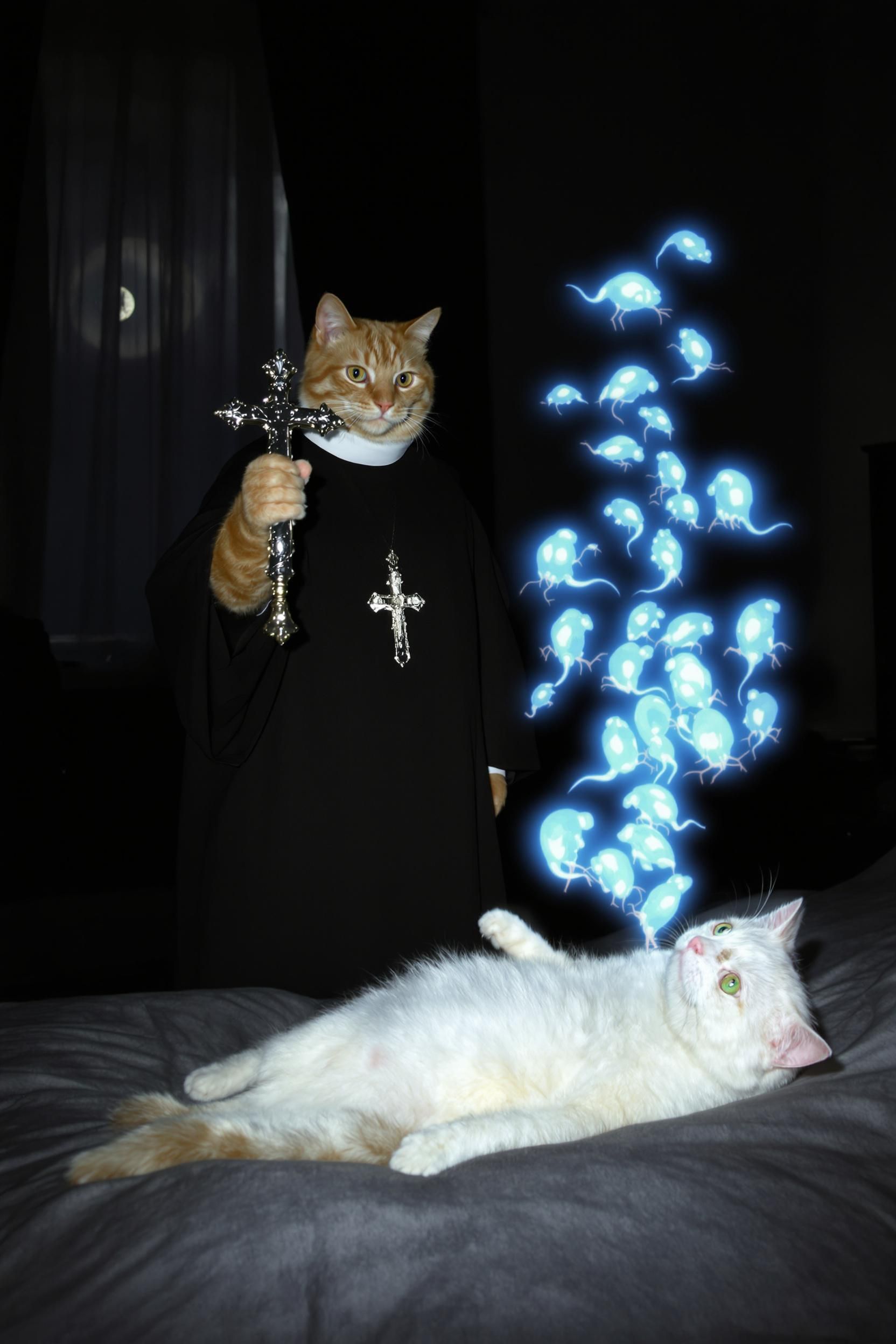 Lexica - An orange cat dressed as a priest standing over a bed holding ...