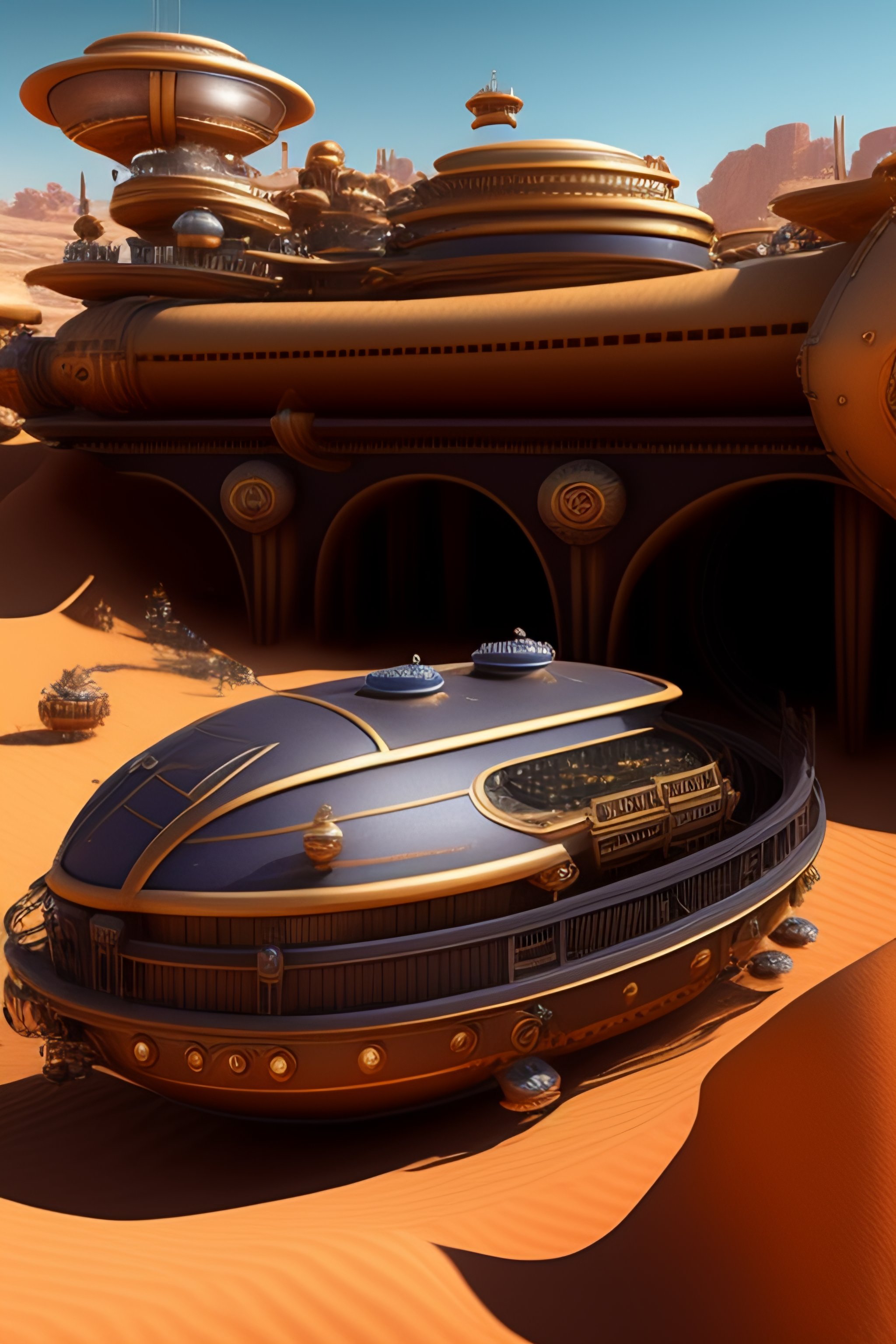 Lexica - A steampunk city built on a hovercraft moving through the desert
