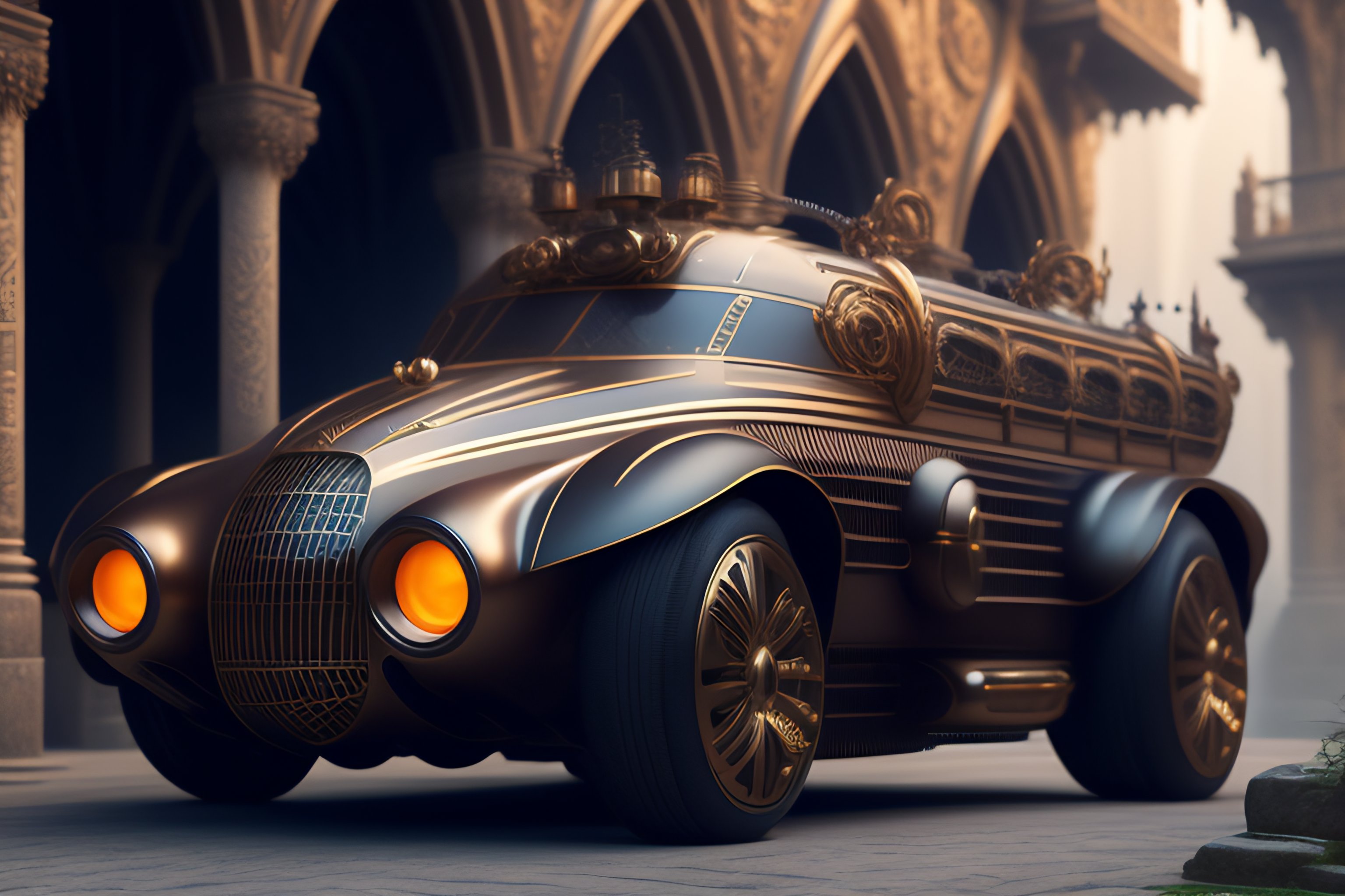 Lexica - Wide shot of a minimal biomechanical steampunk vehicle ...