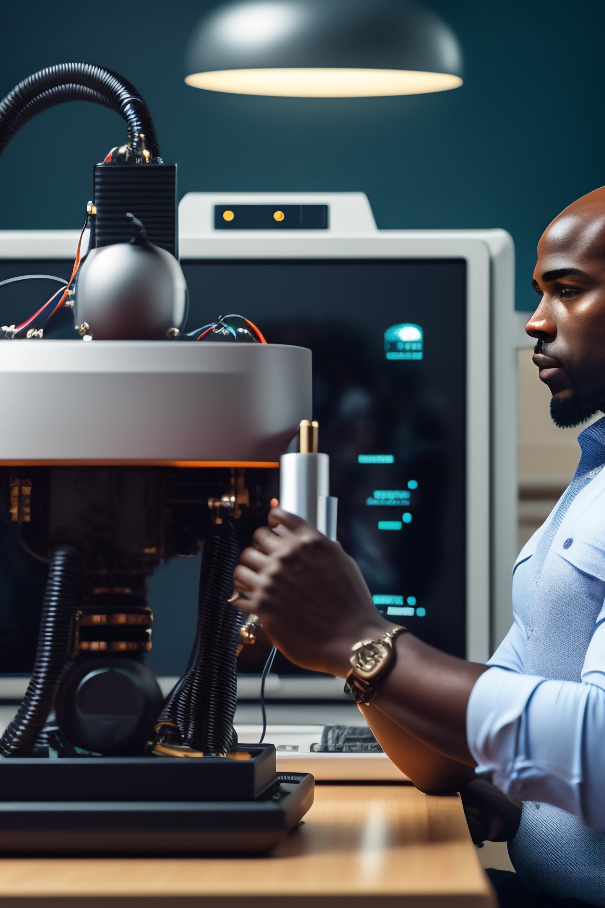 Lexica - Bald african american man commanding a robot to use computer ...