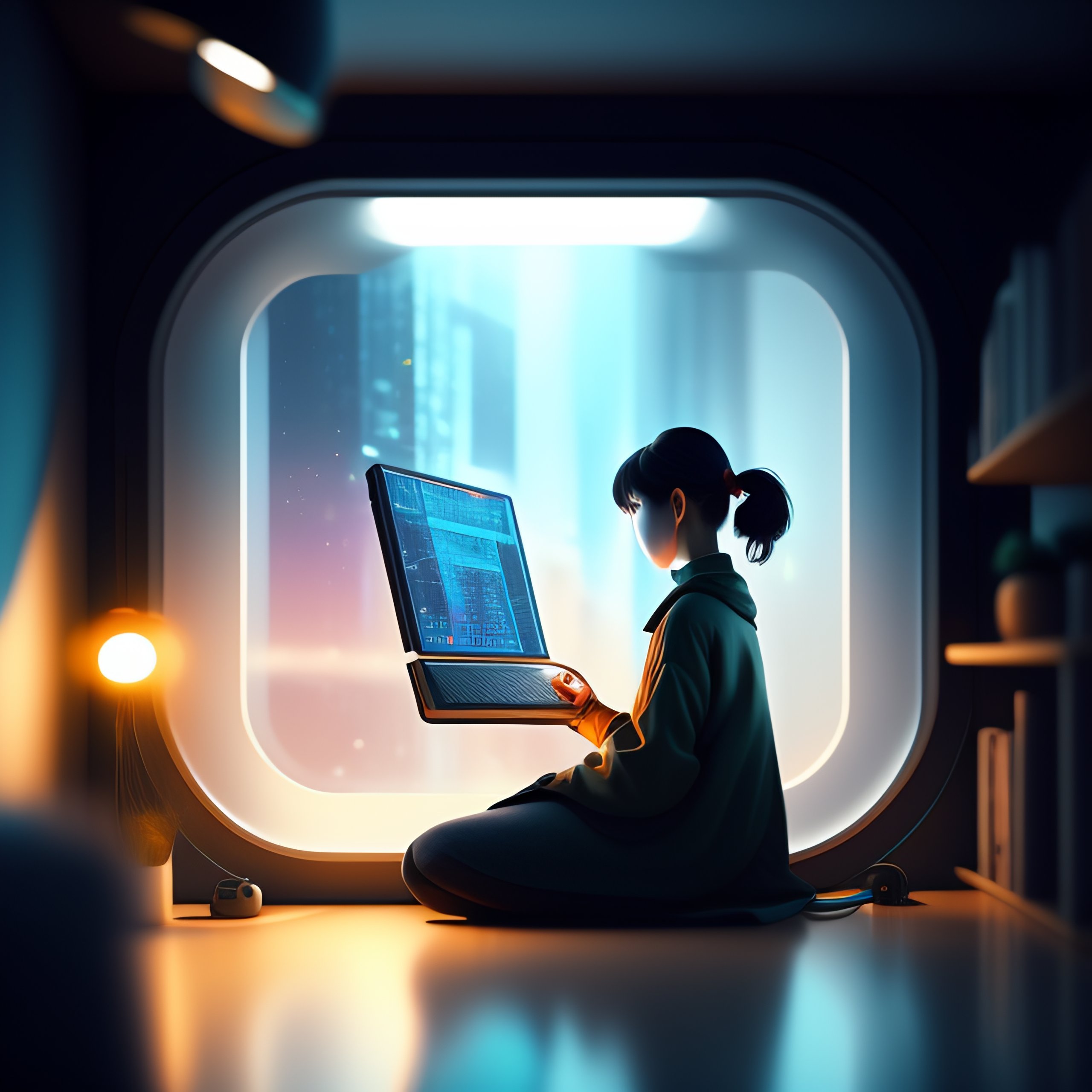 Lexica - A girl working on a computer in a small room with a big window ...