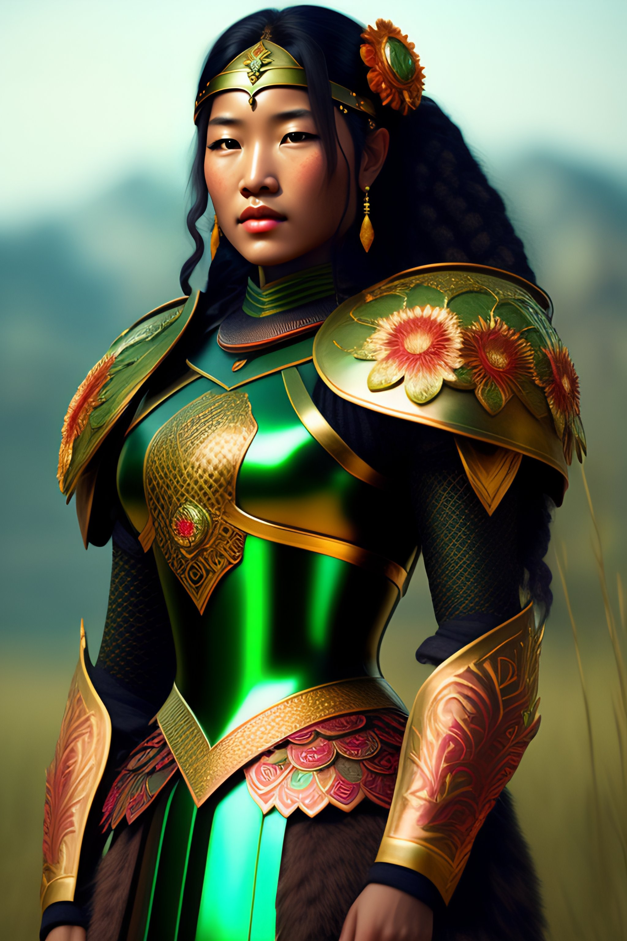 Lexica - Beautiful youthful female warrior, flower ornamented green ...