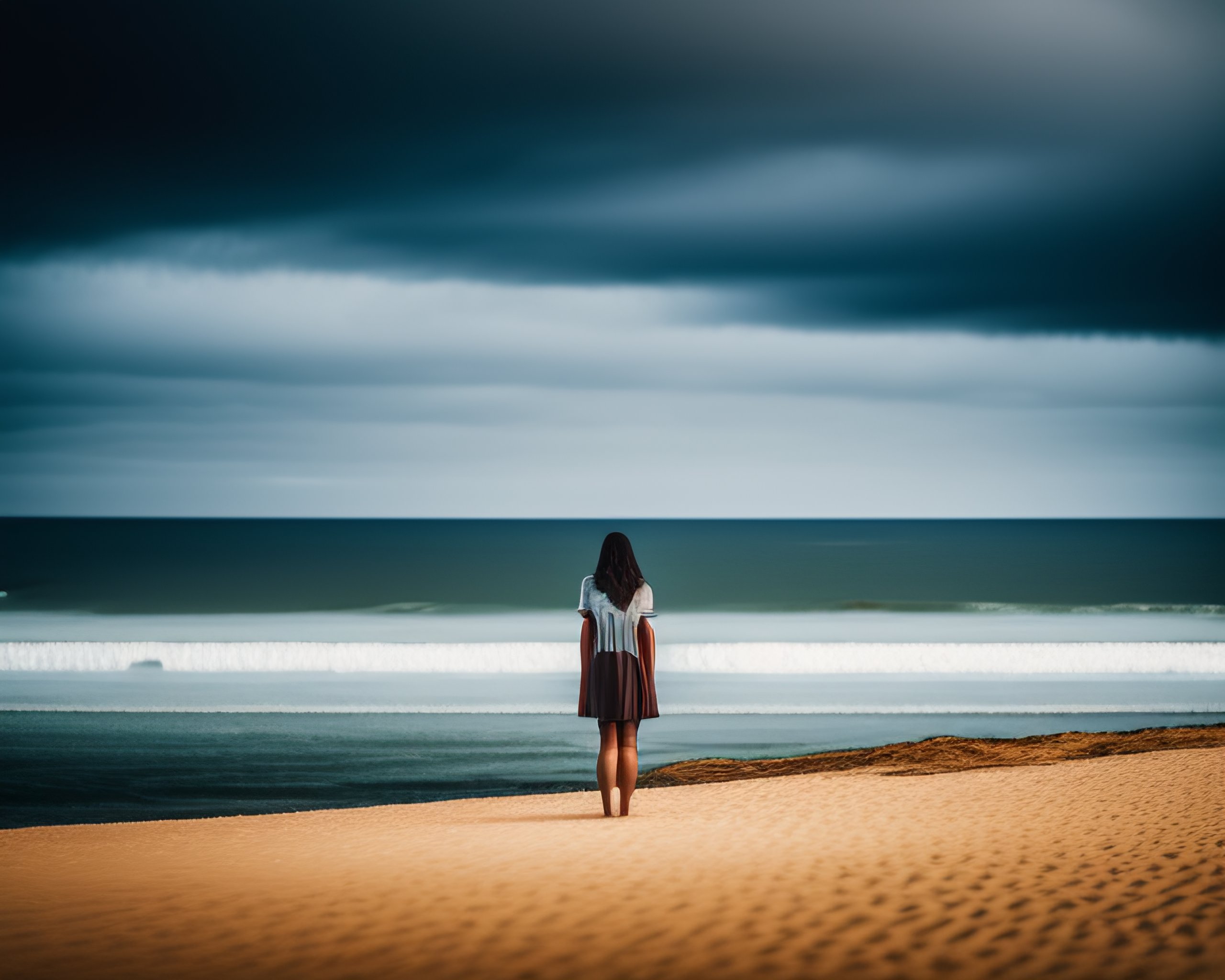 Lexica - This photograph shows a woman standing on a deserted beach ...