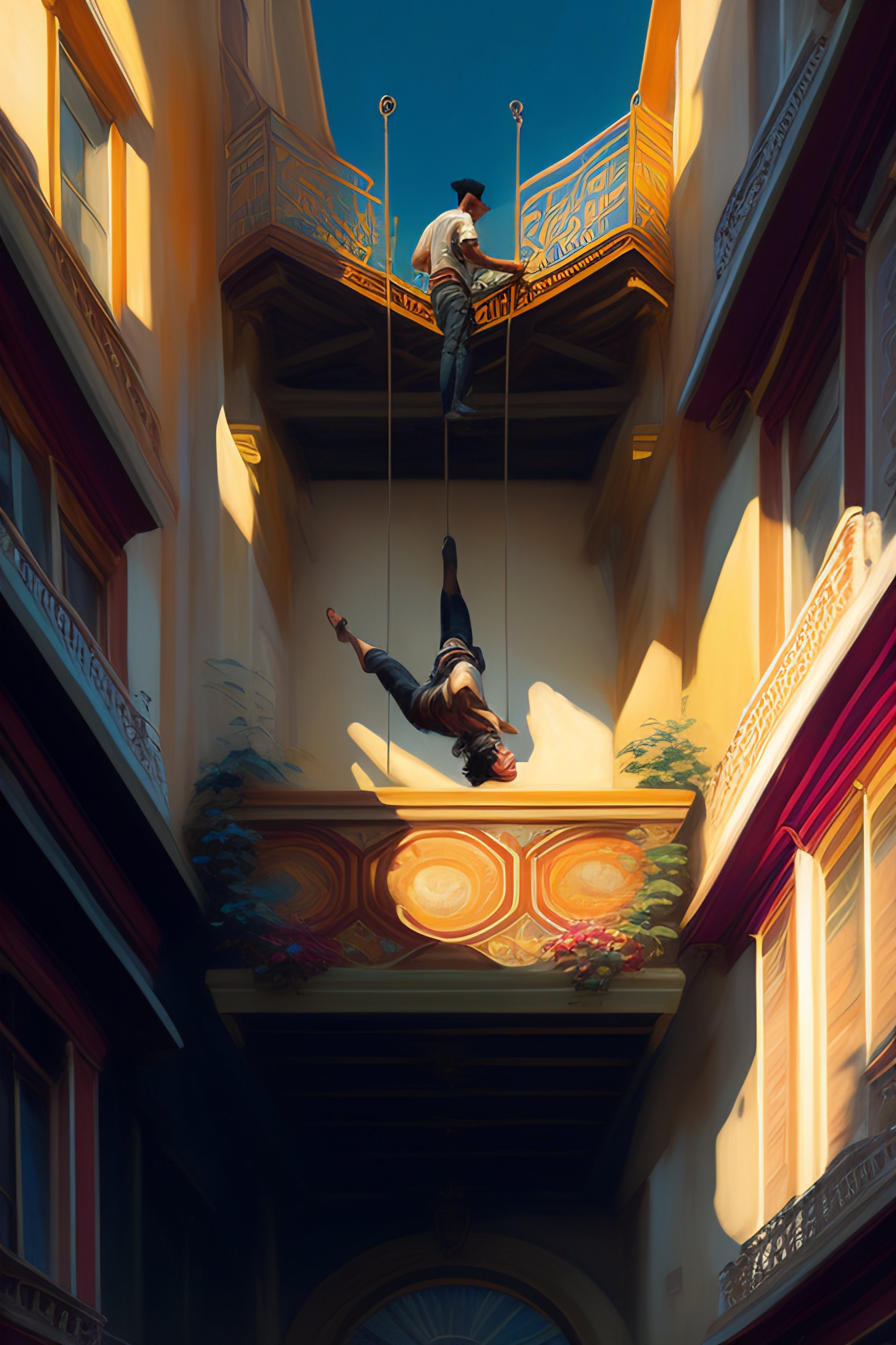 Lexica - A man hanging upside-down from the roof painted by tsuyoshi nagano, greg rutkowski ...