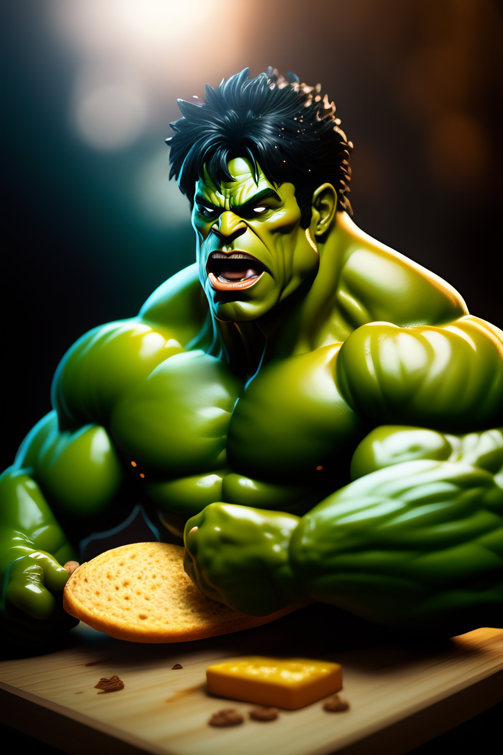 Lexica - The incredible hulk eating a sandwich, photo realistic