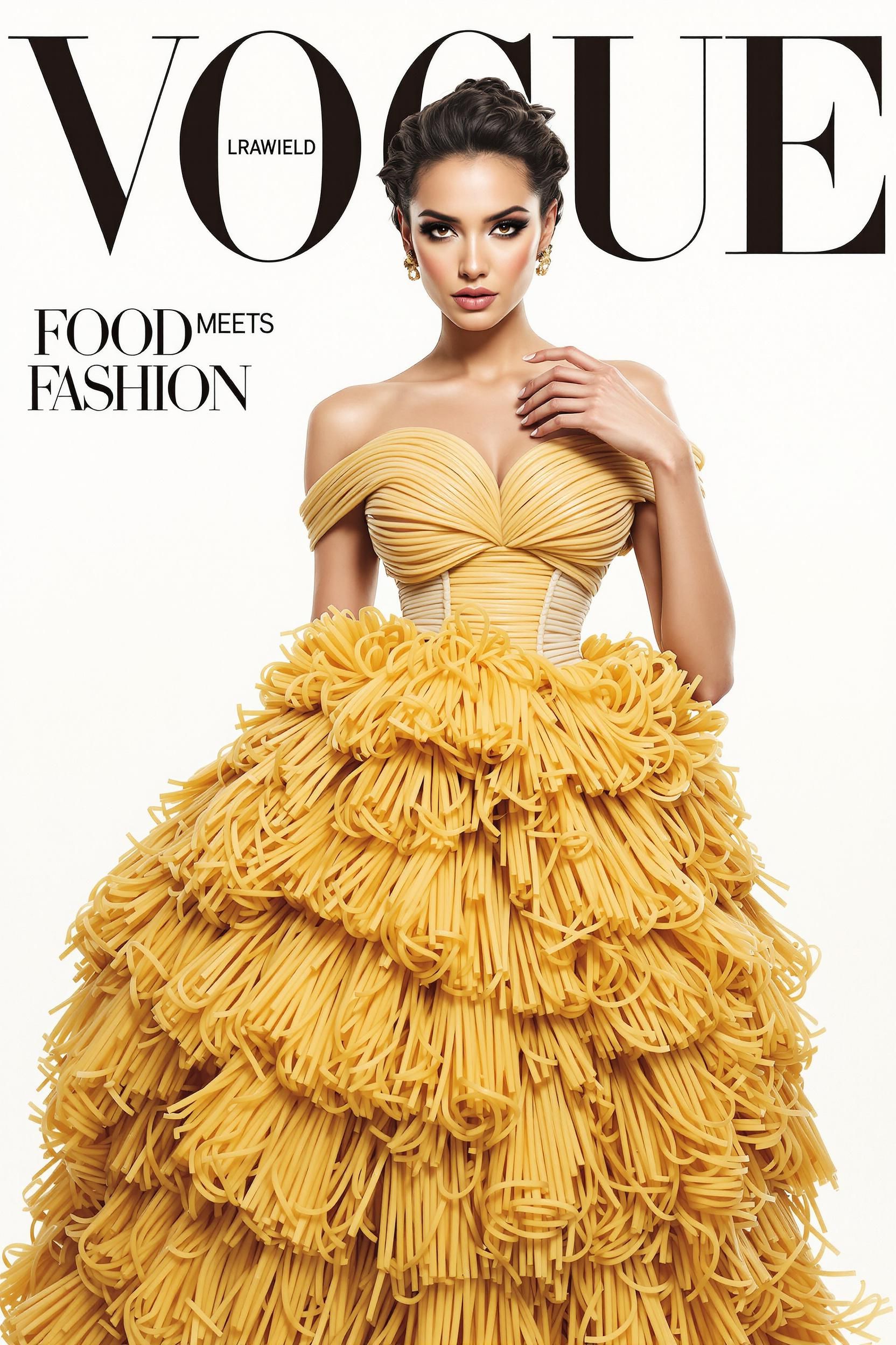 Lexica - Vogue cover shot of a woman wearing an elgant dress made of Spaghett