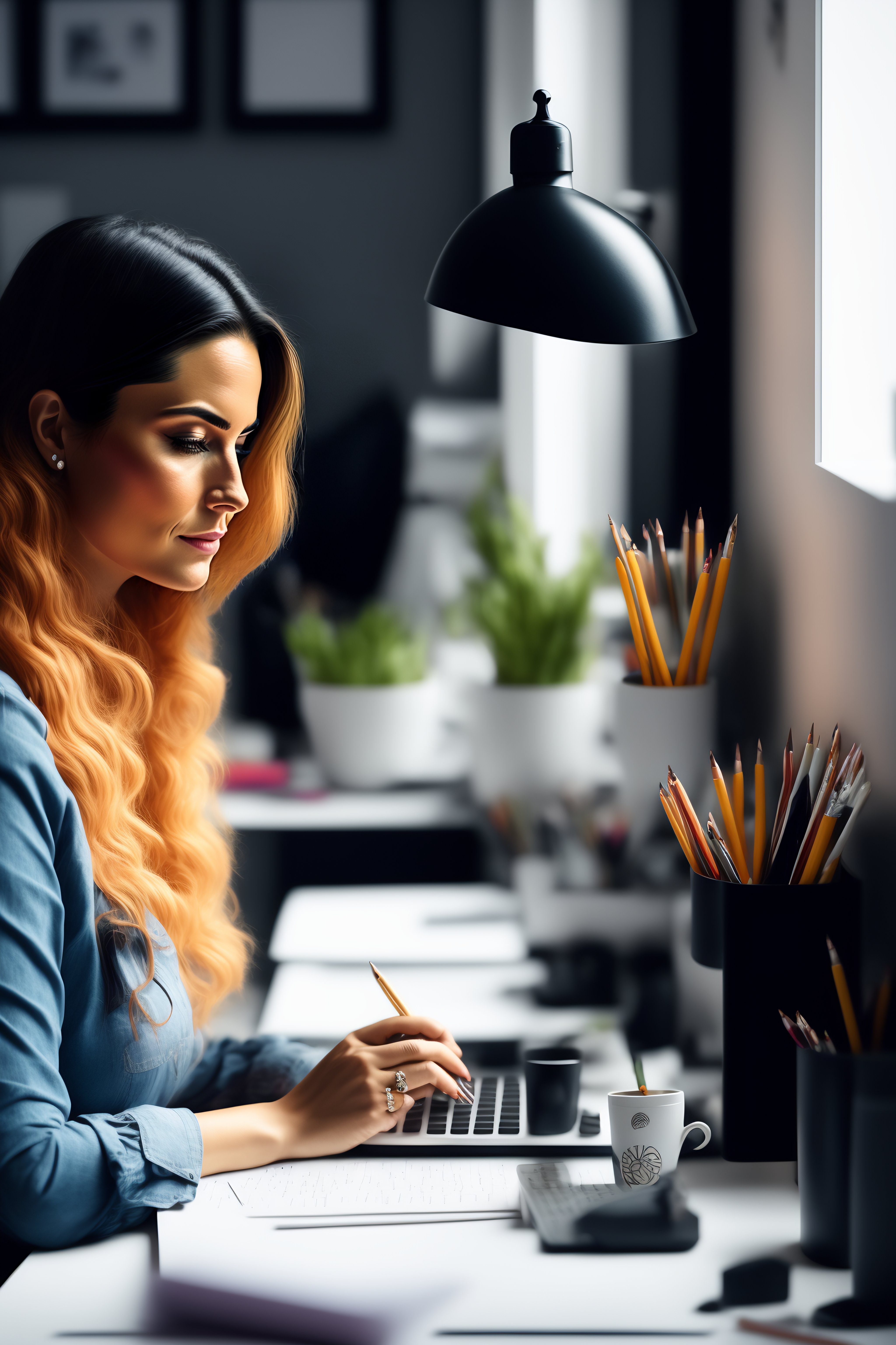 Lexica - Portrait of a graphic designer working at her desk in an office