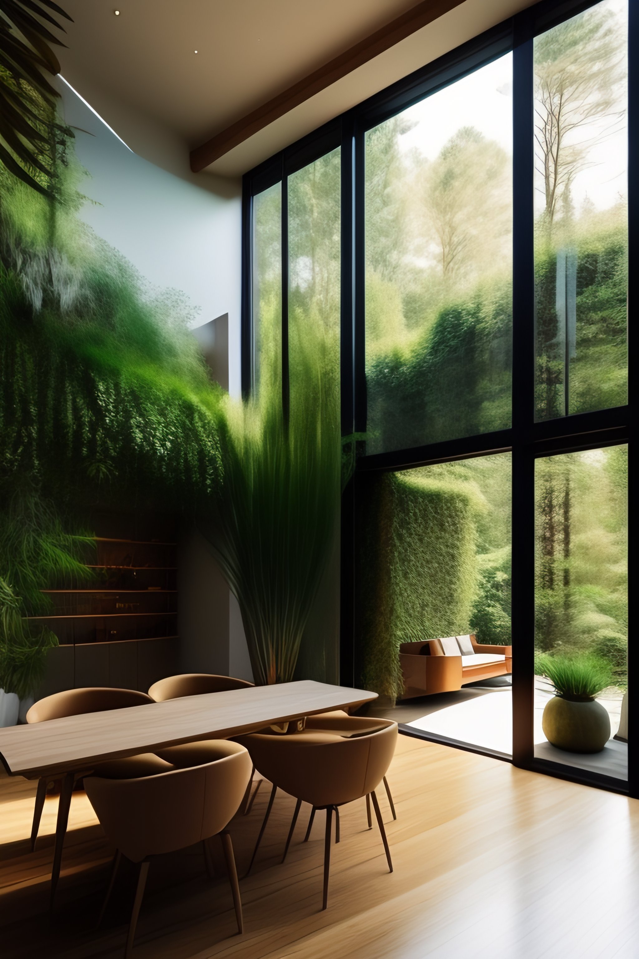 Lexica - A sunny panoramic room with high ceilings and plants