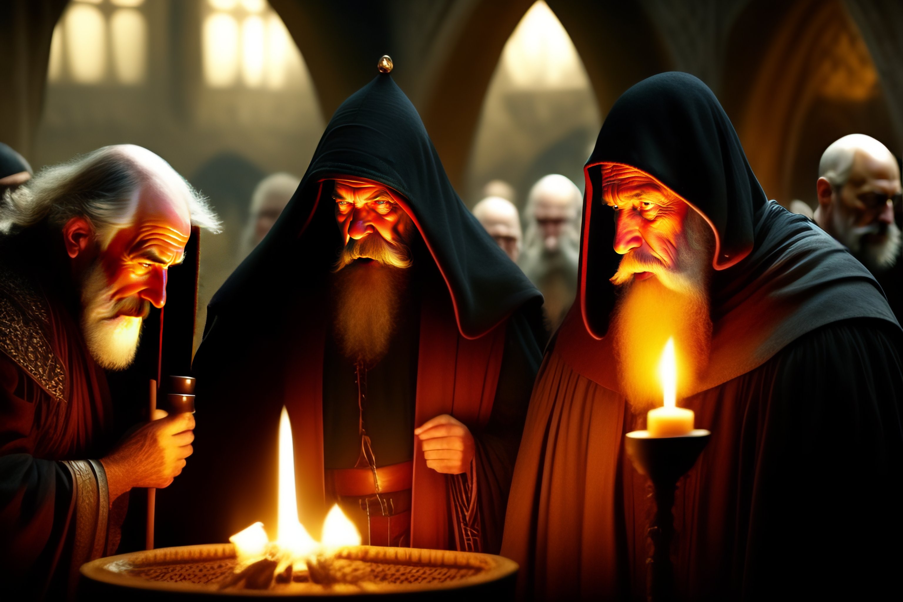 Lexica - Group of ugly old hideous warlocks, black robes, evil, men ...