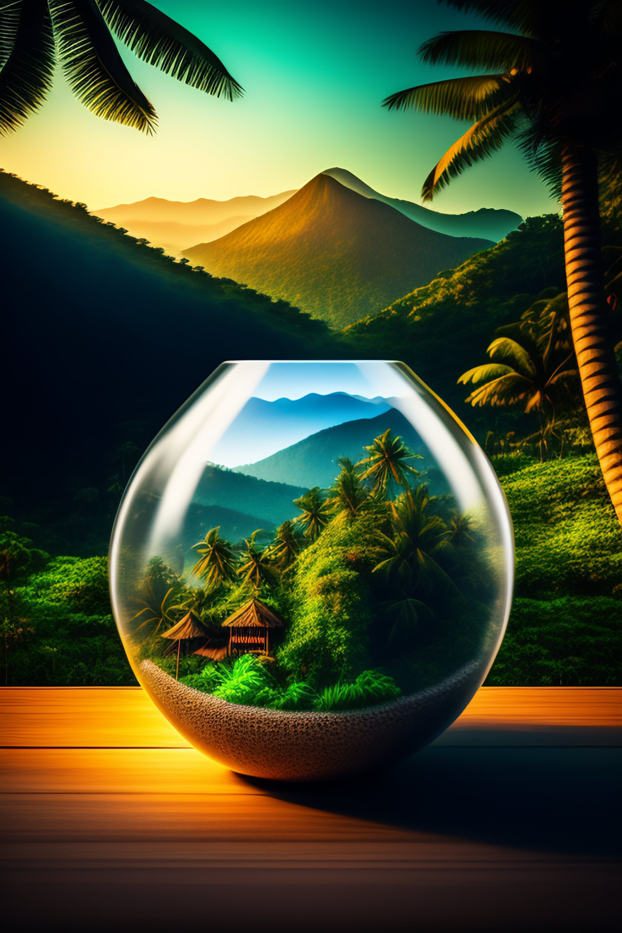 Lexica - Kerala nature scene inside a glass terrarium,coconut tree ...