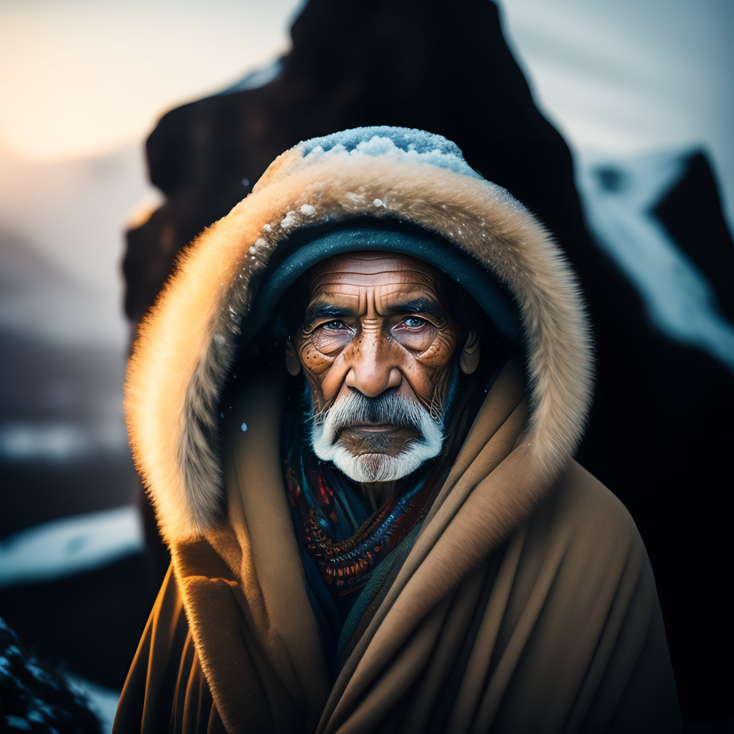Lexica - Portret of old shaman in skin clothes looking out of the cave ...