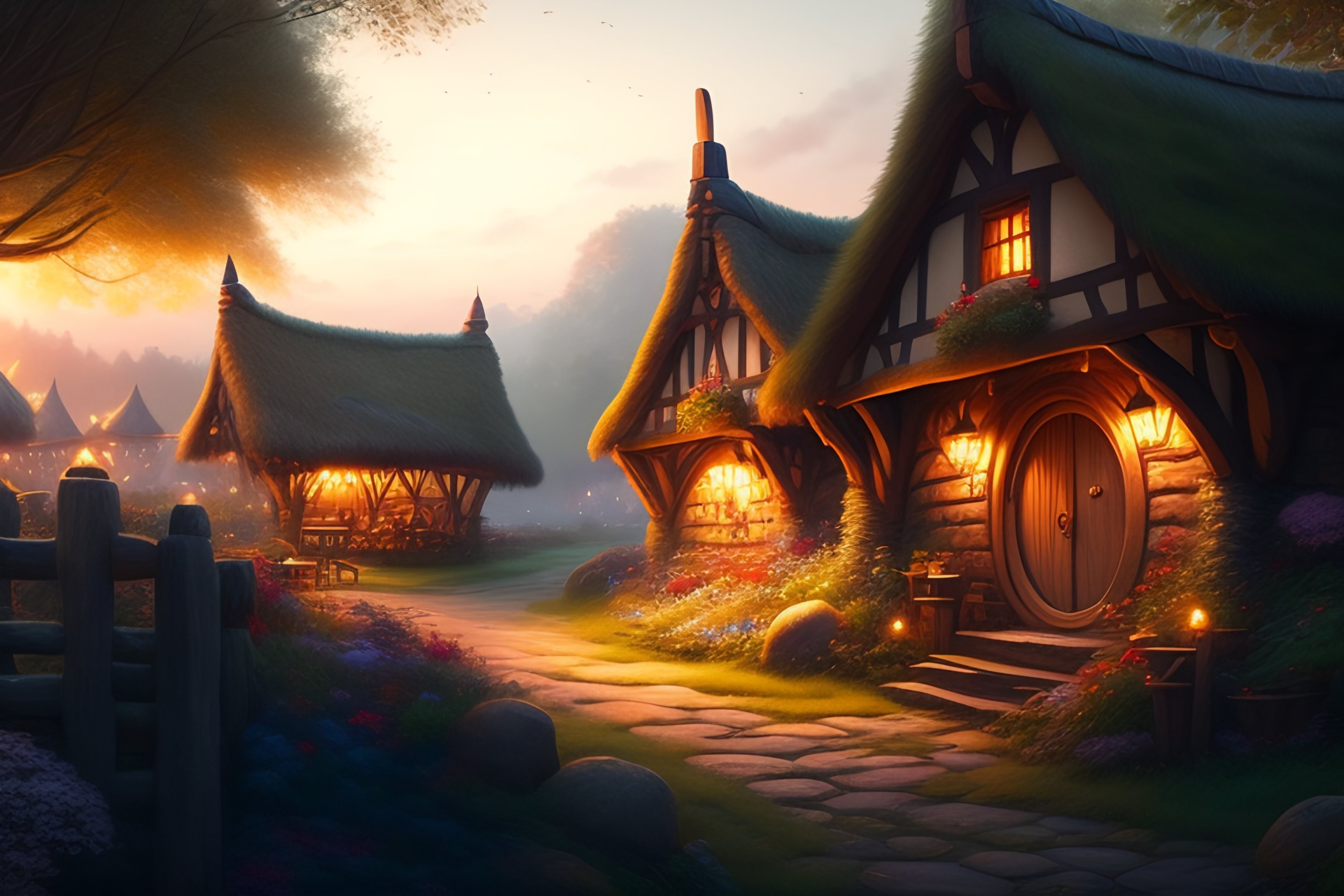 Lexica - Hobbit village, market, flowers, trees, crowded, peaceful ...