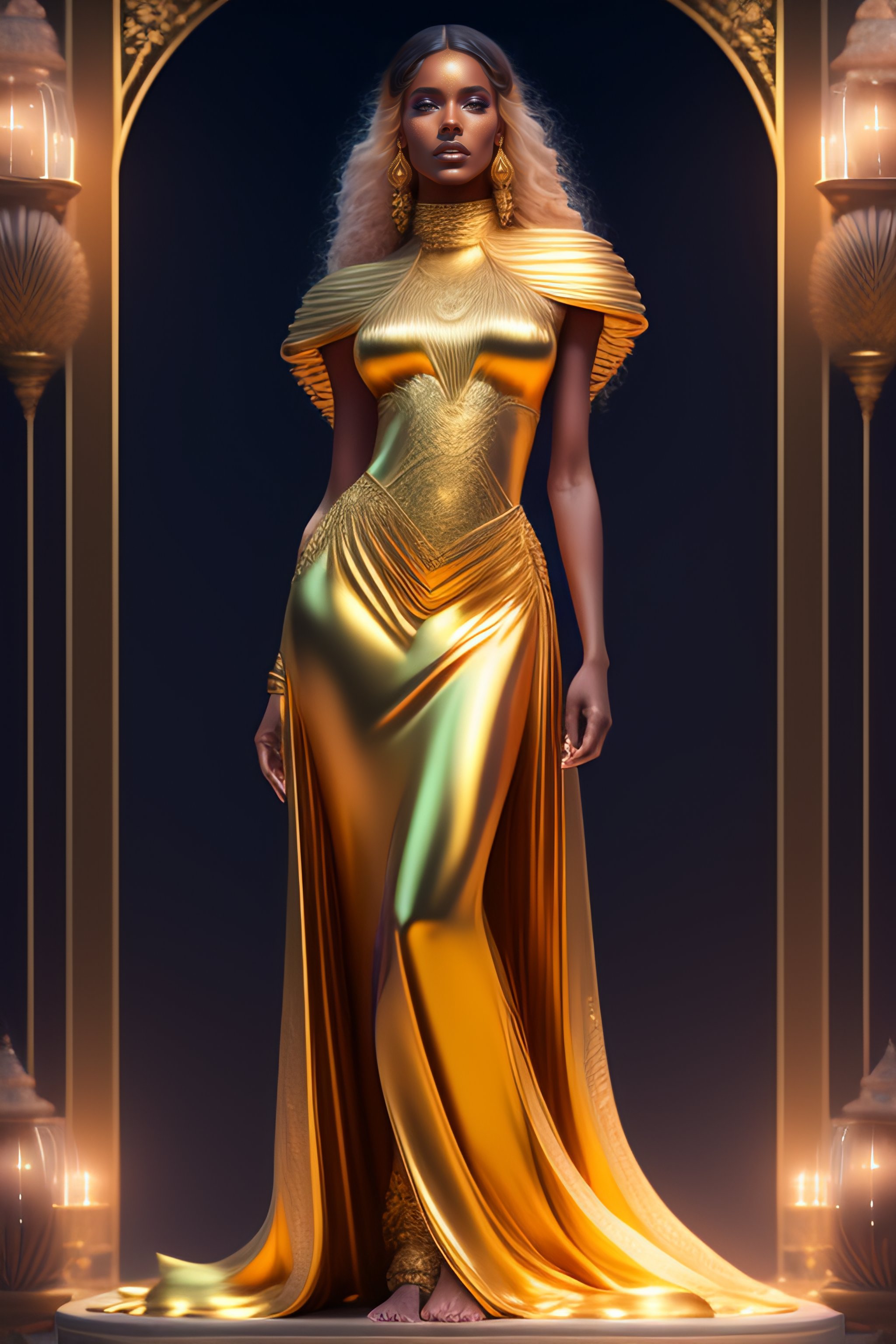 Lexica - A beautiful cinematic female sand goddess, hemma lomax, golden dress, glow golden tatto ...