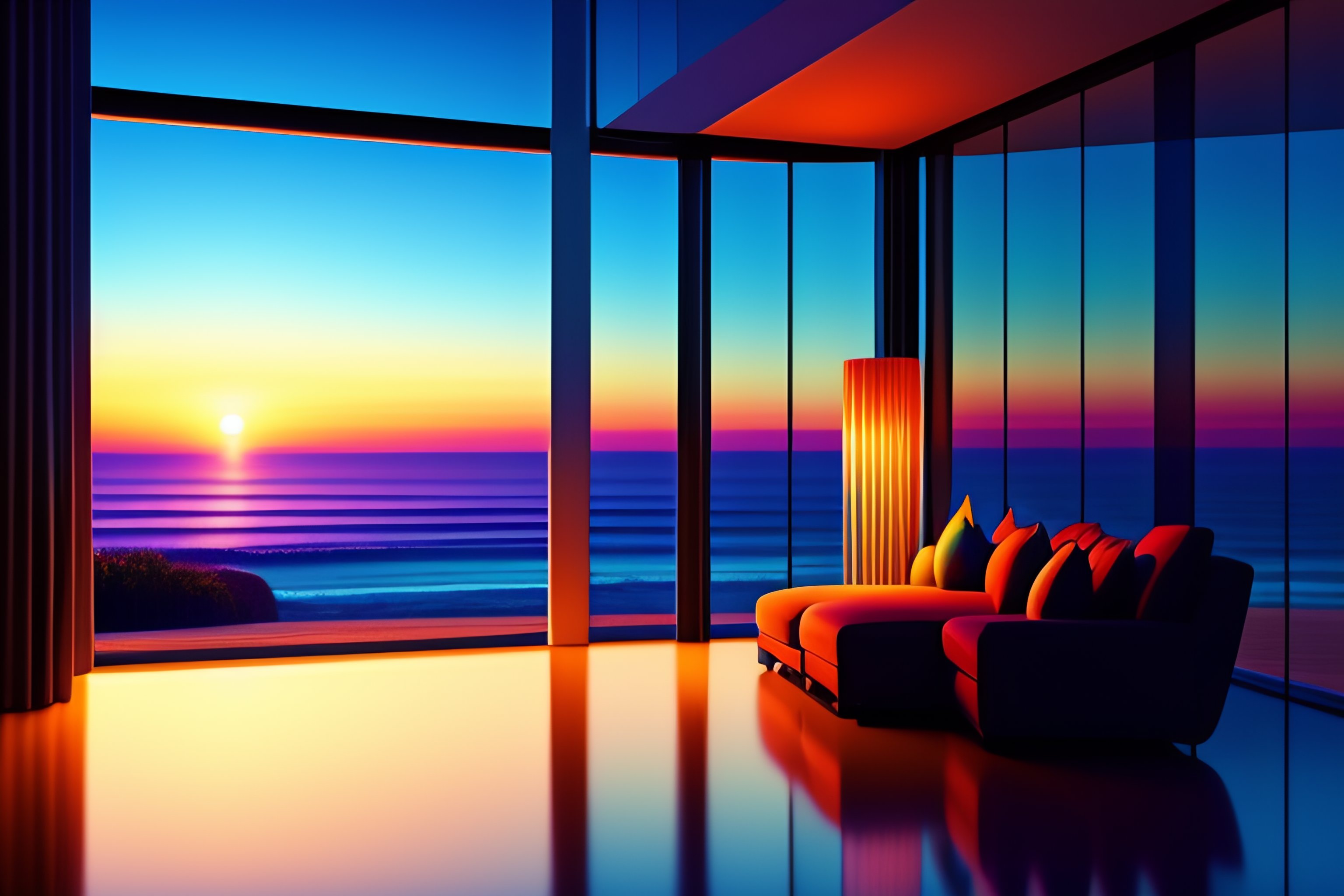 Lexica - Big window, south sea in background, tropical in background ...