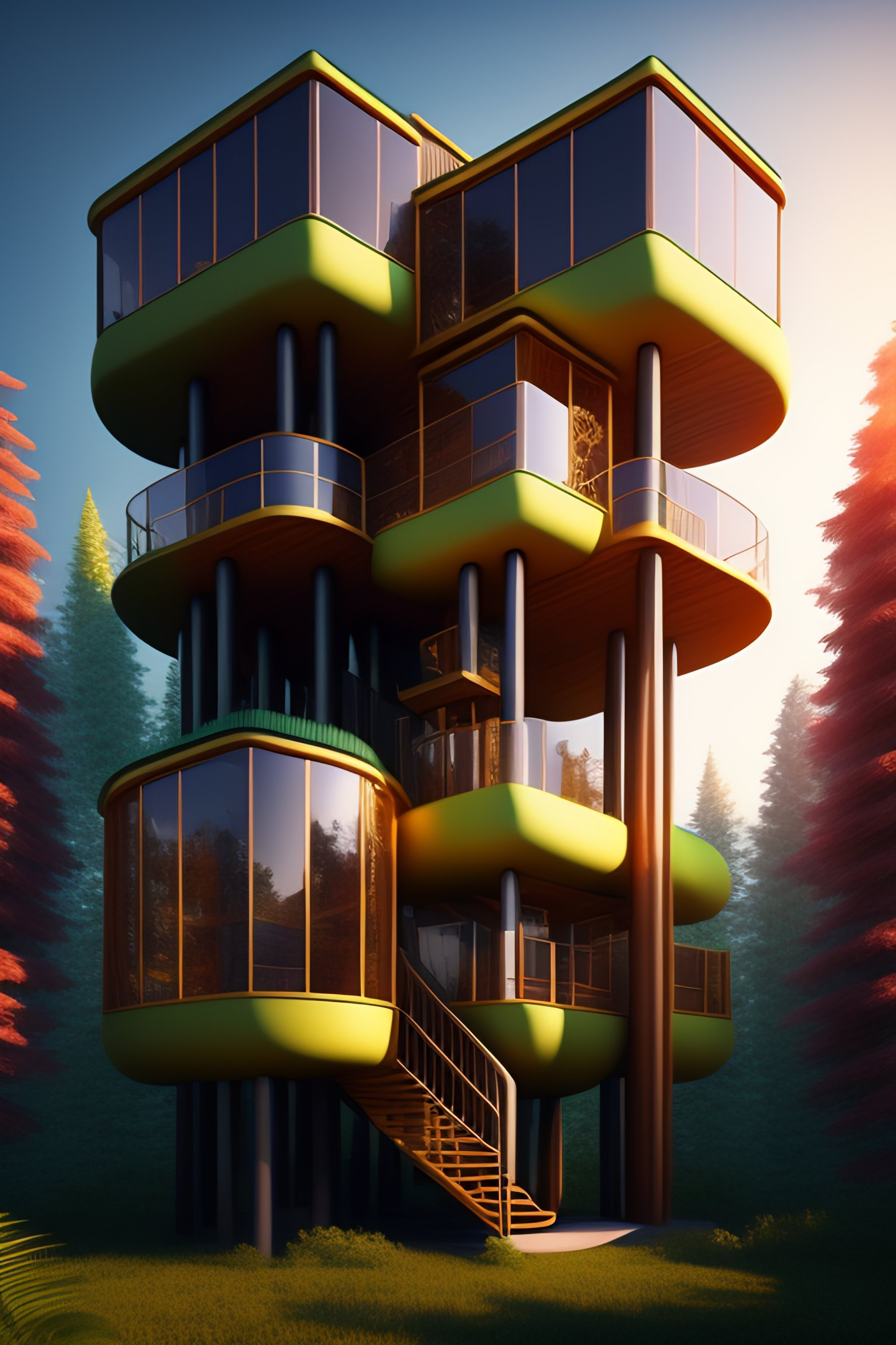 Lexica - An over engineered luxury treehouse, complex architecture, sun ...