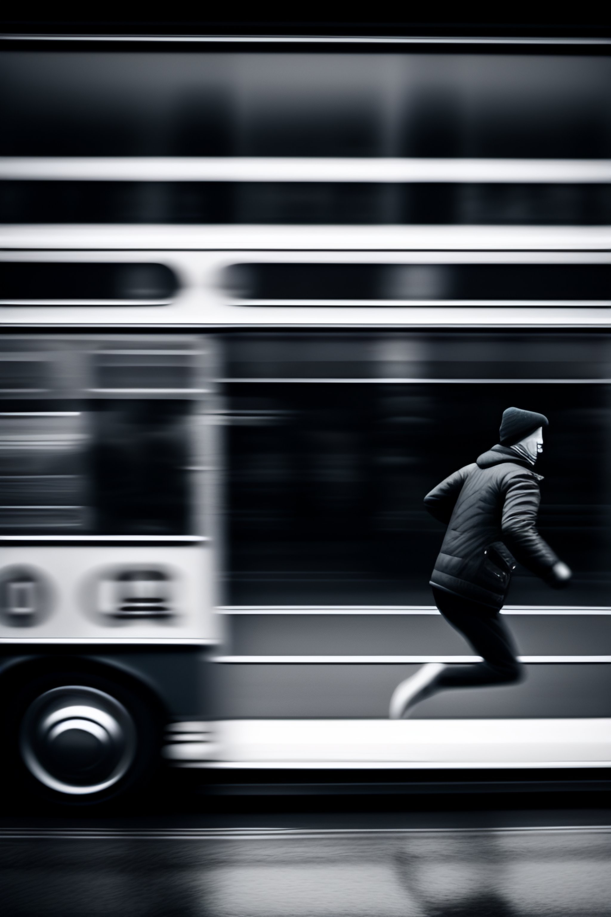 Lexica - View of a running man from inside a dropped bus window, winter ...
