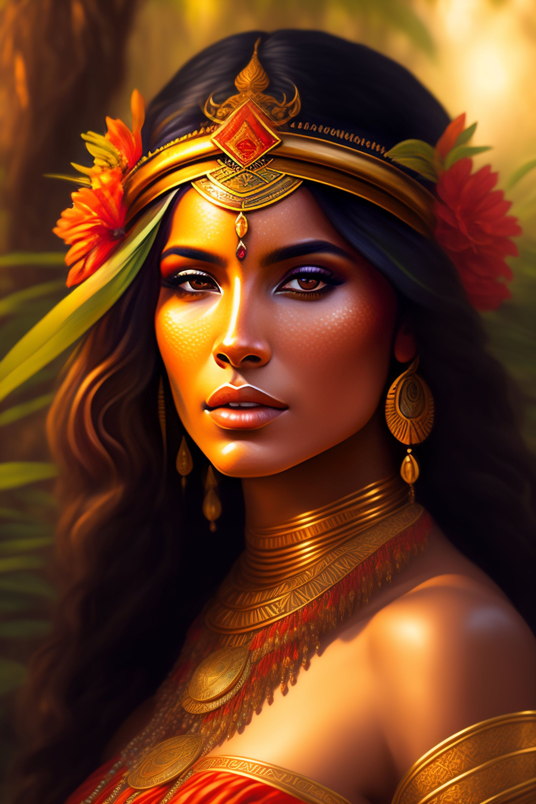 Lexica - Portrait of a beautiful alluring female aztec queen in a dense ...