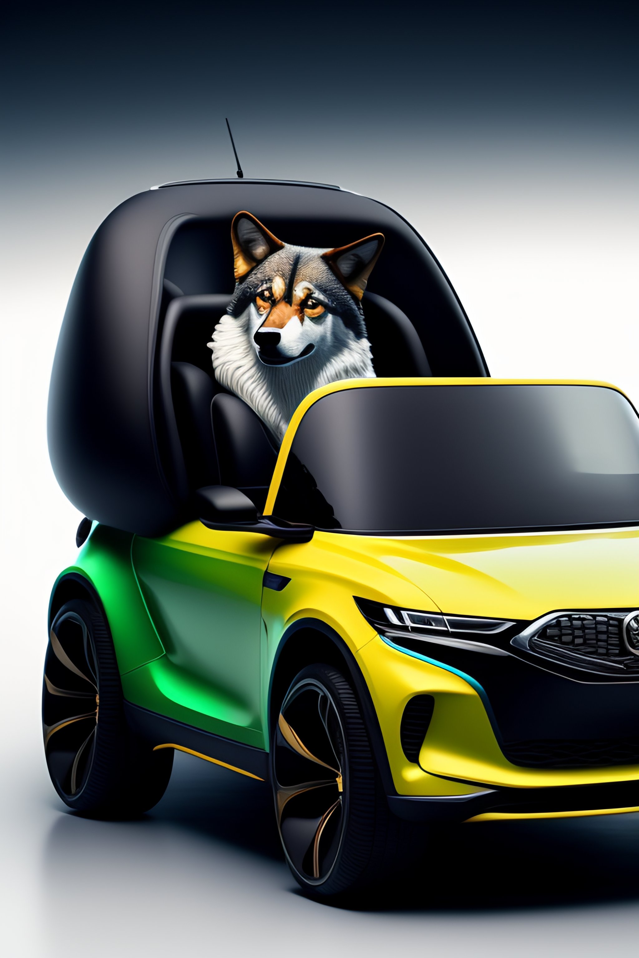 Lexica - A humanized caricature wolf driving inside a car,