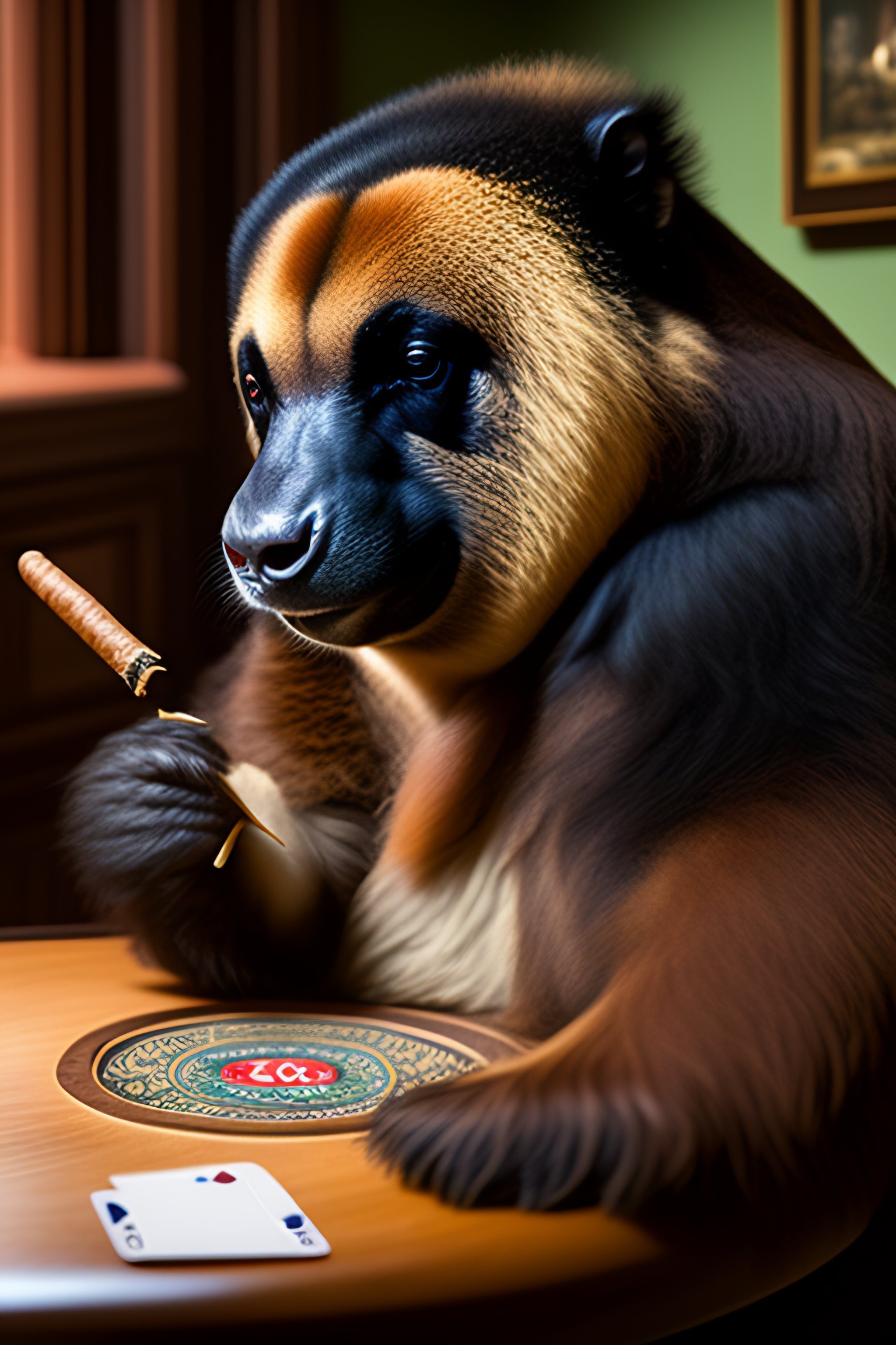 Lexica - Buffalo playing poker against a cigar smoking sloth