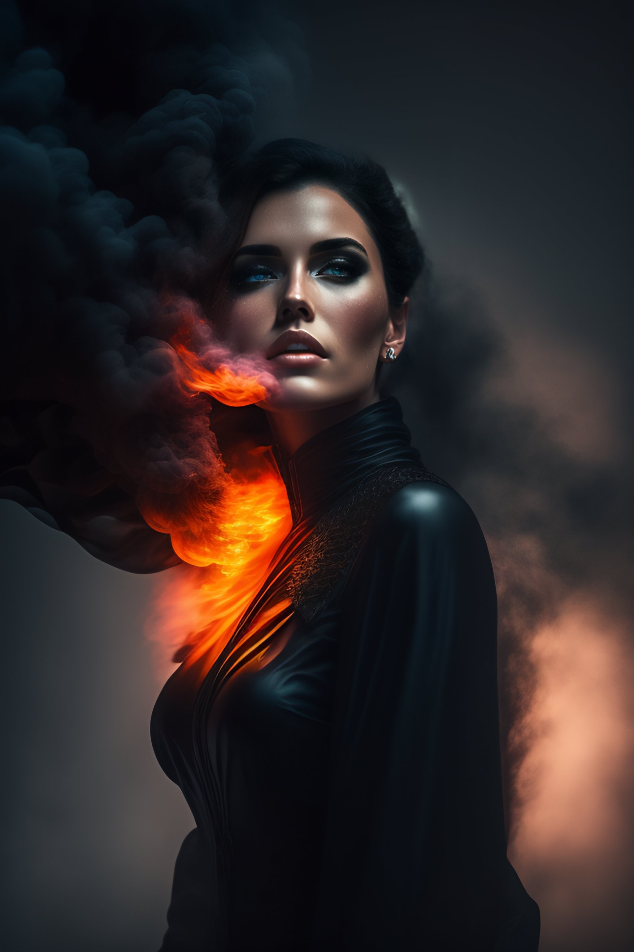 Lexica - Beautiful woman evaporating into black smoke, dark background ...
