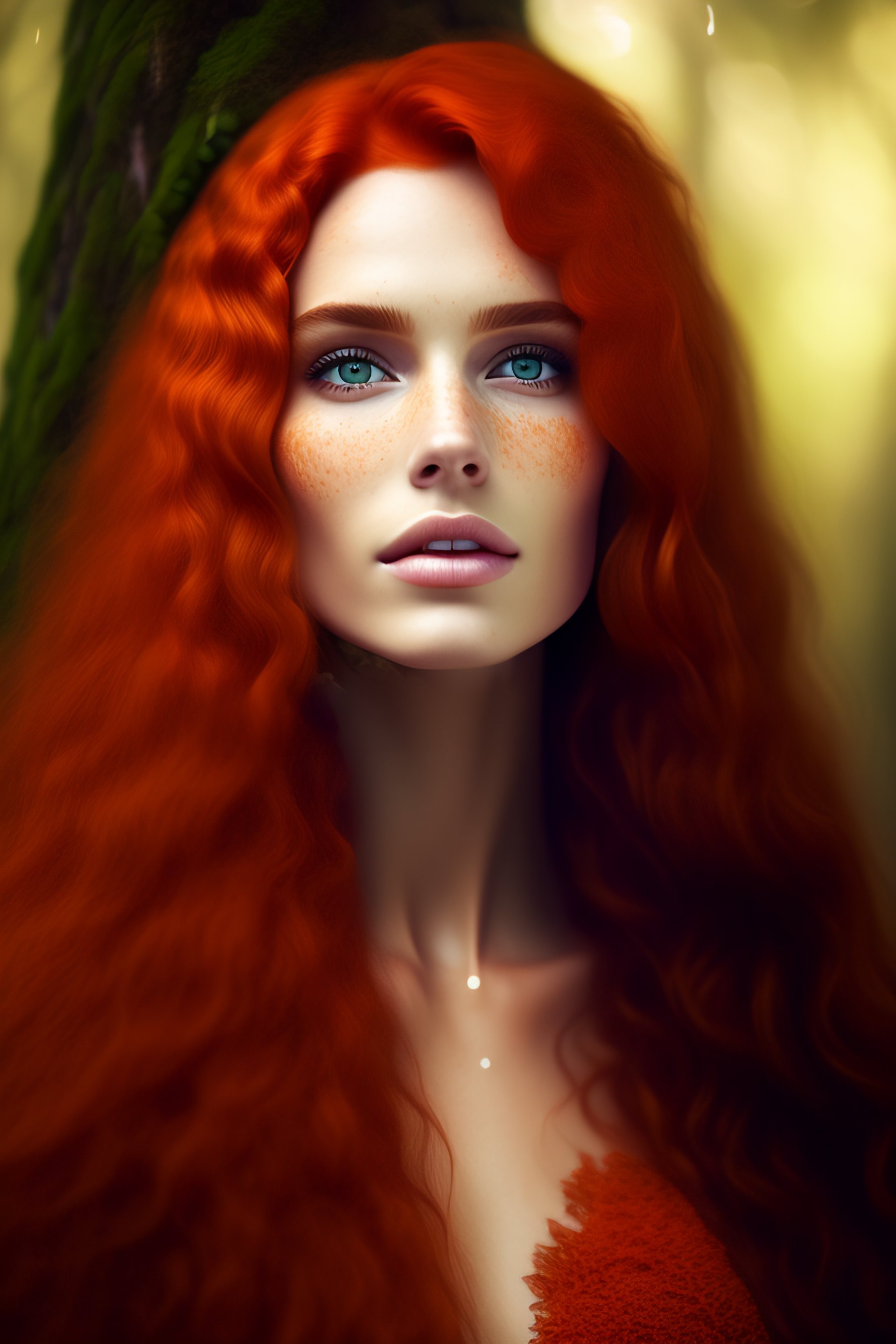 Lexica - Brunette, wild hair, long wavy red orange hair, ivory fair ...