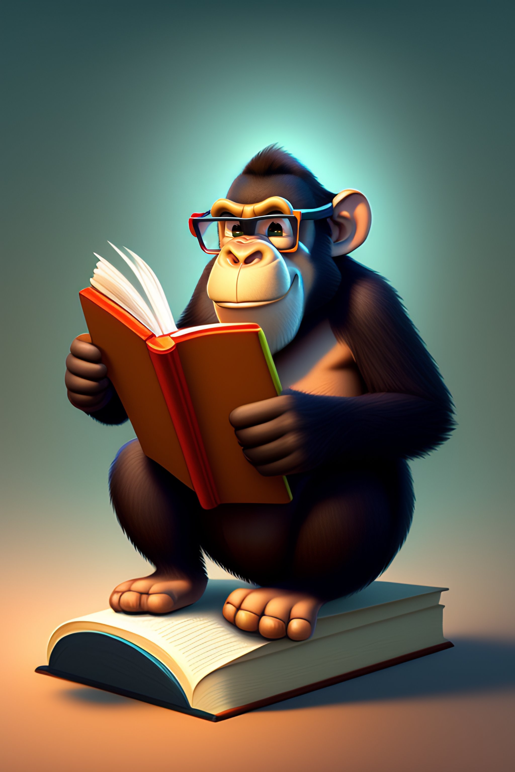Lexica - Pixar art of a funny smiling ape reading a book with glasses