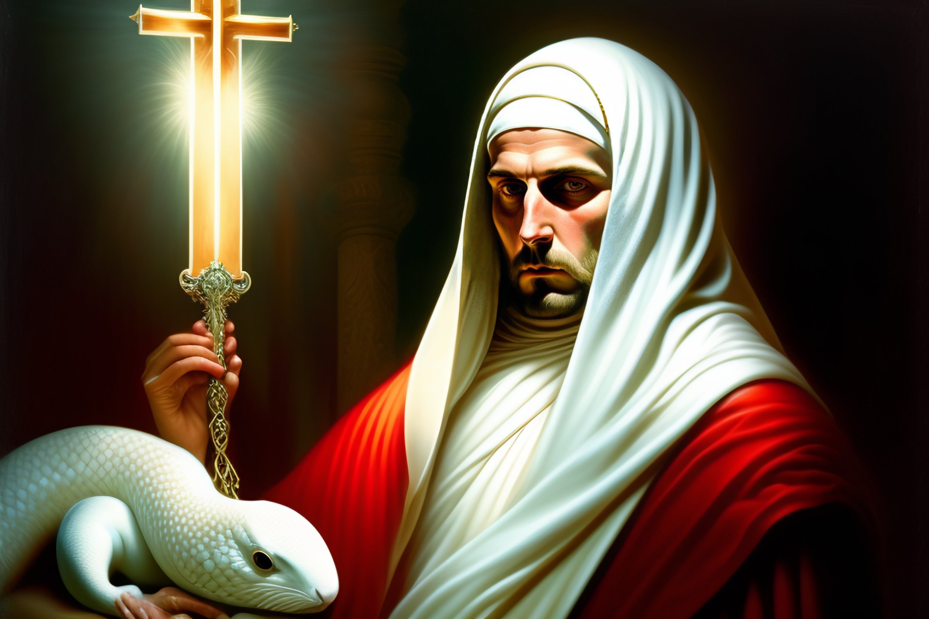 Lexica - White Monk in dark robe hold a white snake on the cross greek ...