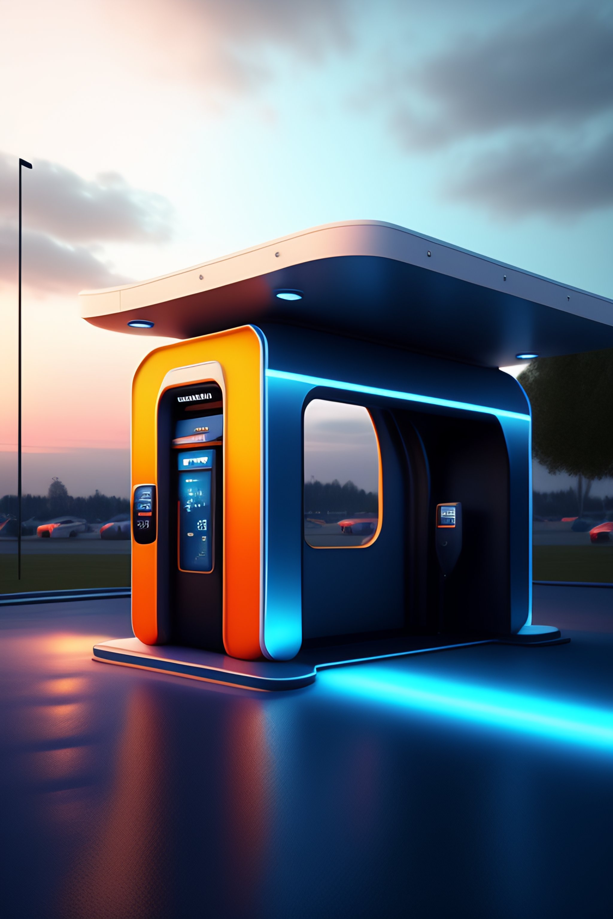 Lexica - Futuristic EV gas station, dutch angle, dynamic lighting, LED ...