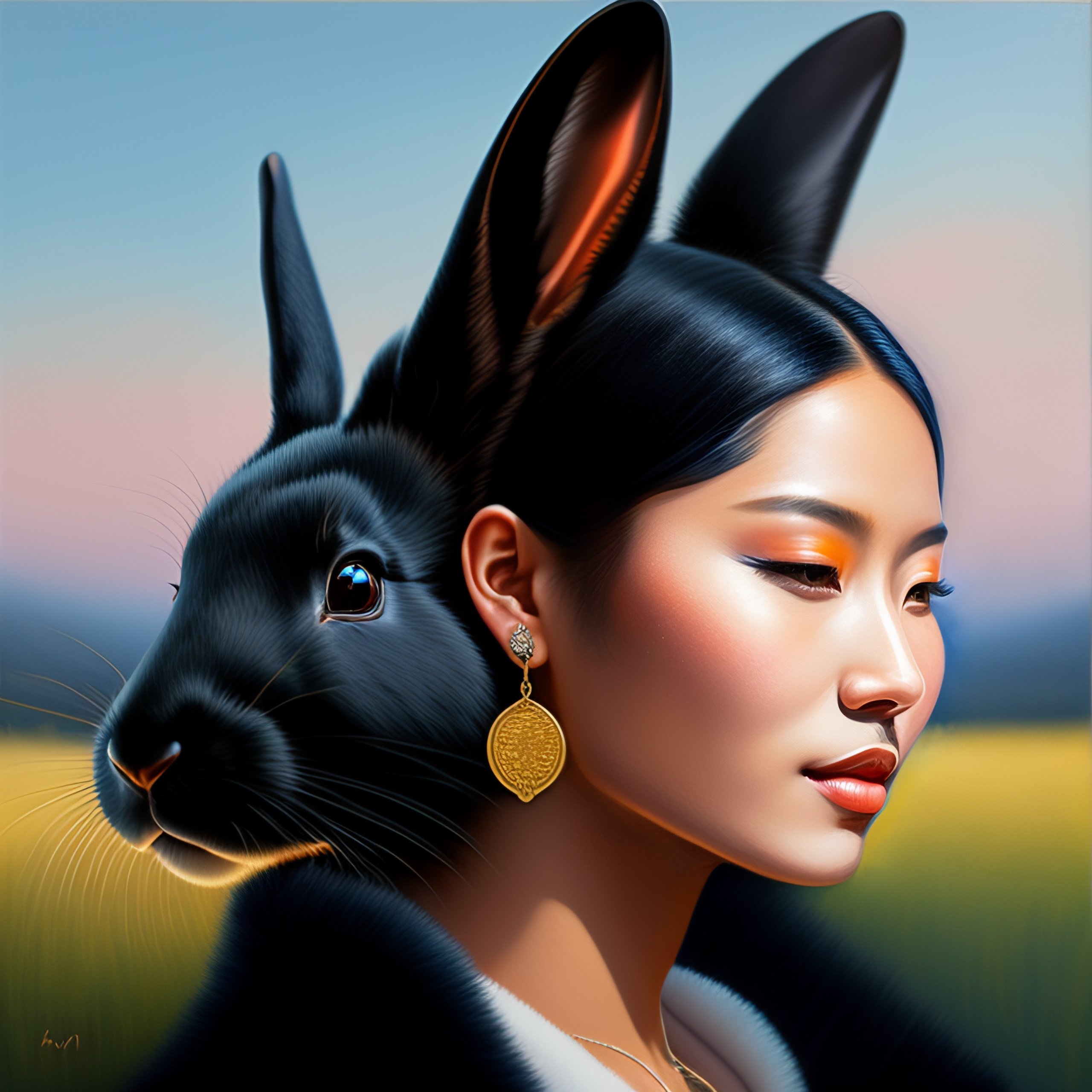 Lexica - Black rabbit, bitcoin ear ring, oil painting