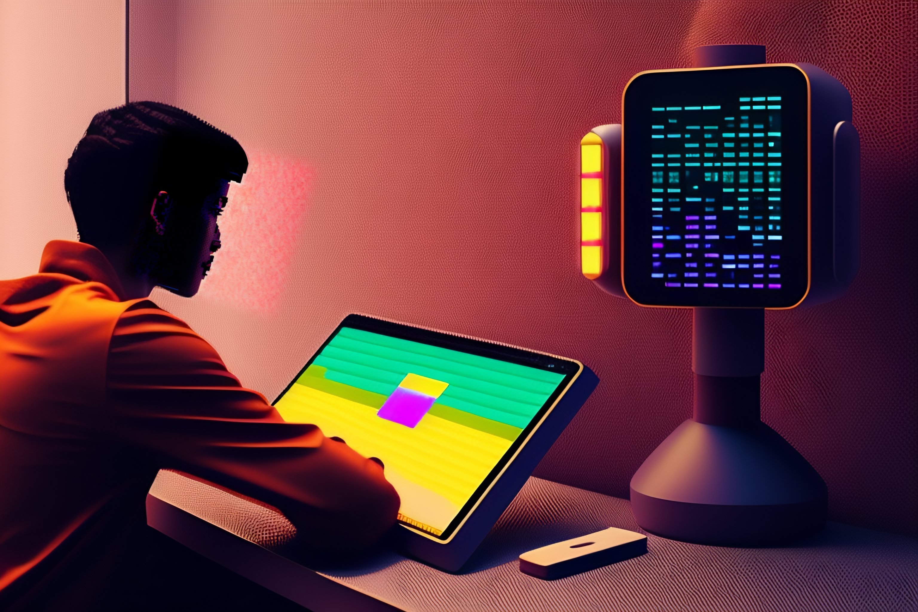 Lexica - A lo-fi pixel art of AI bot designing