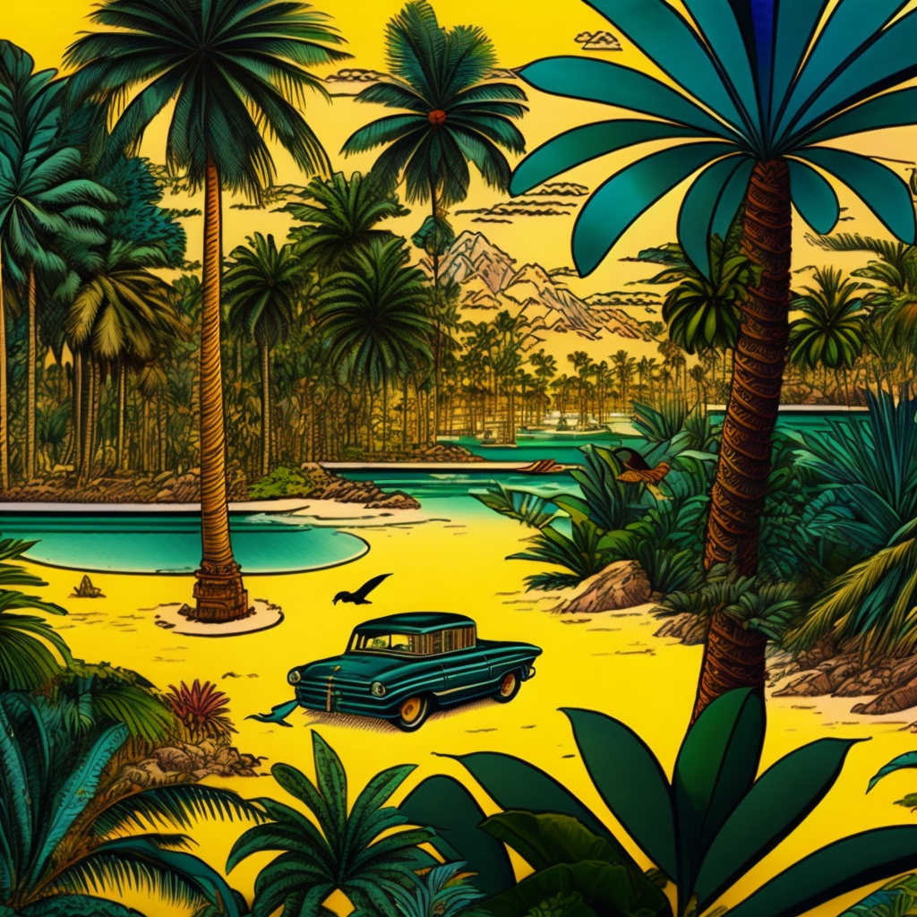 Lexica - Maximalist chaotic jungle palm trees, birds eye view ...