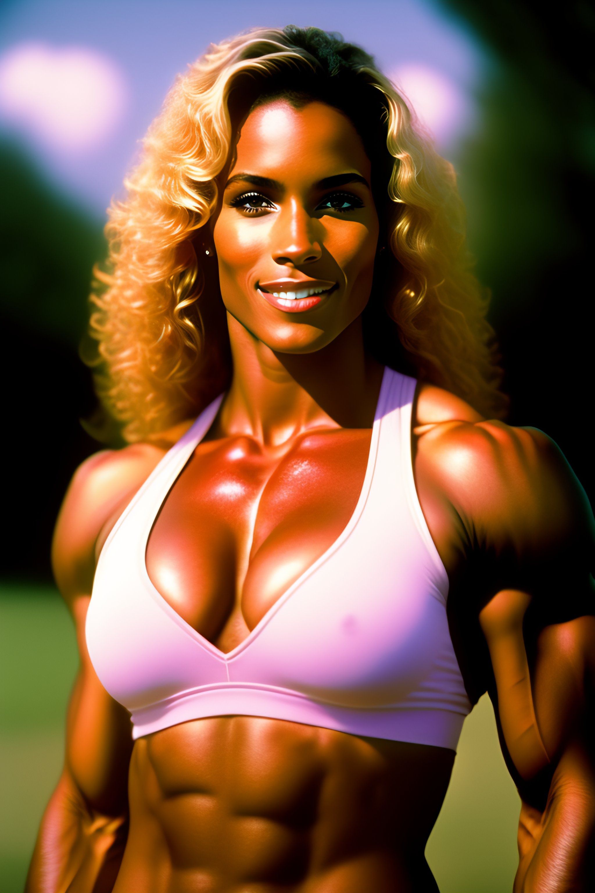 Lexica - Photo of a young white woman in a public park, fitness model, abs, tight body, highest ...