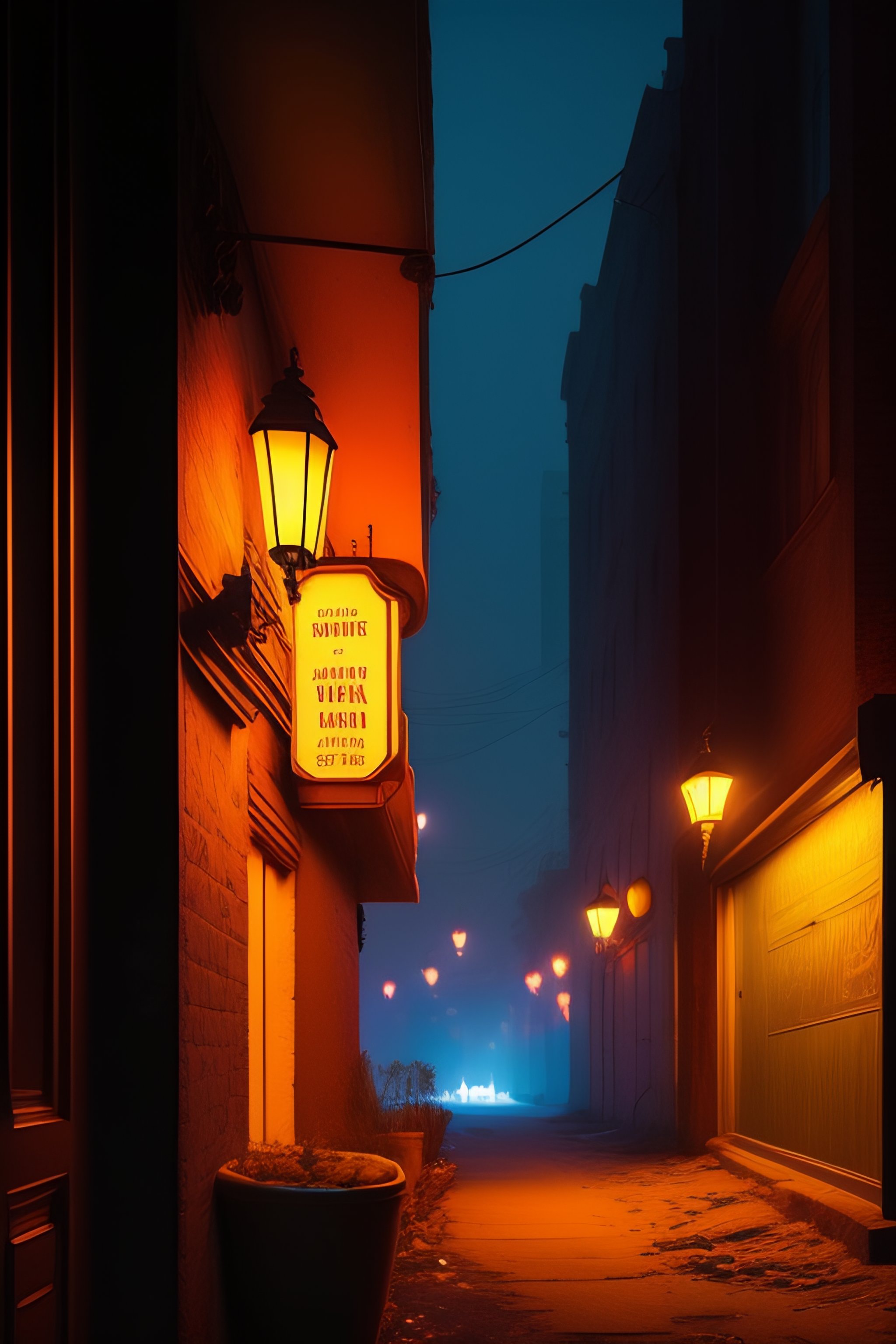 Lexica - A dark alley with abandoned buildings, a nightclub with neon signs by carl spitzweg and ...