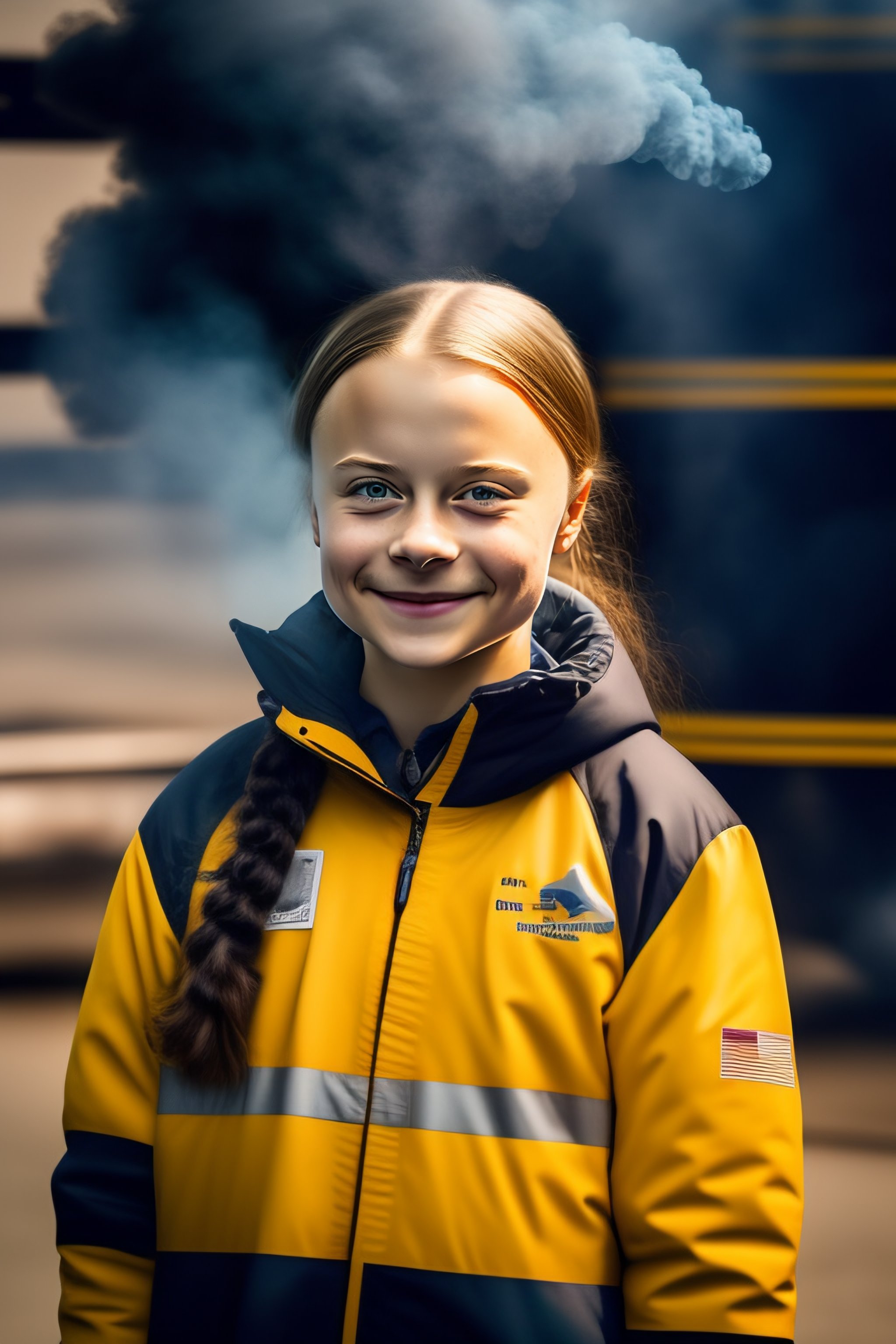 Lexica - Smiling greta thunberg with a factory with smoke