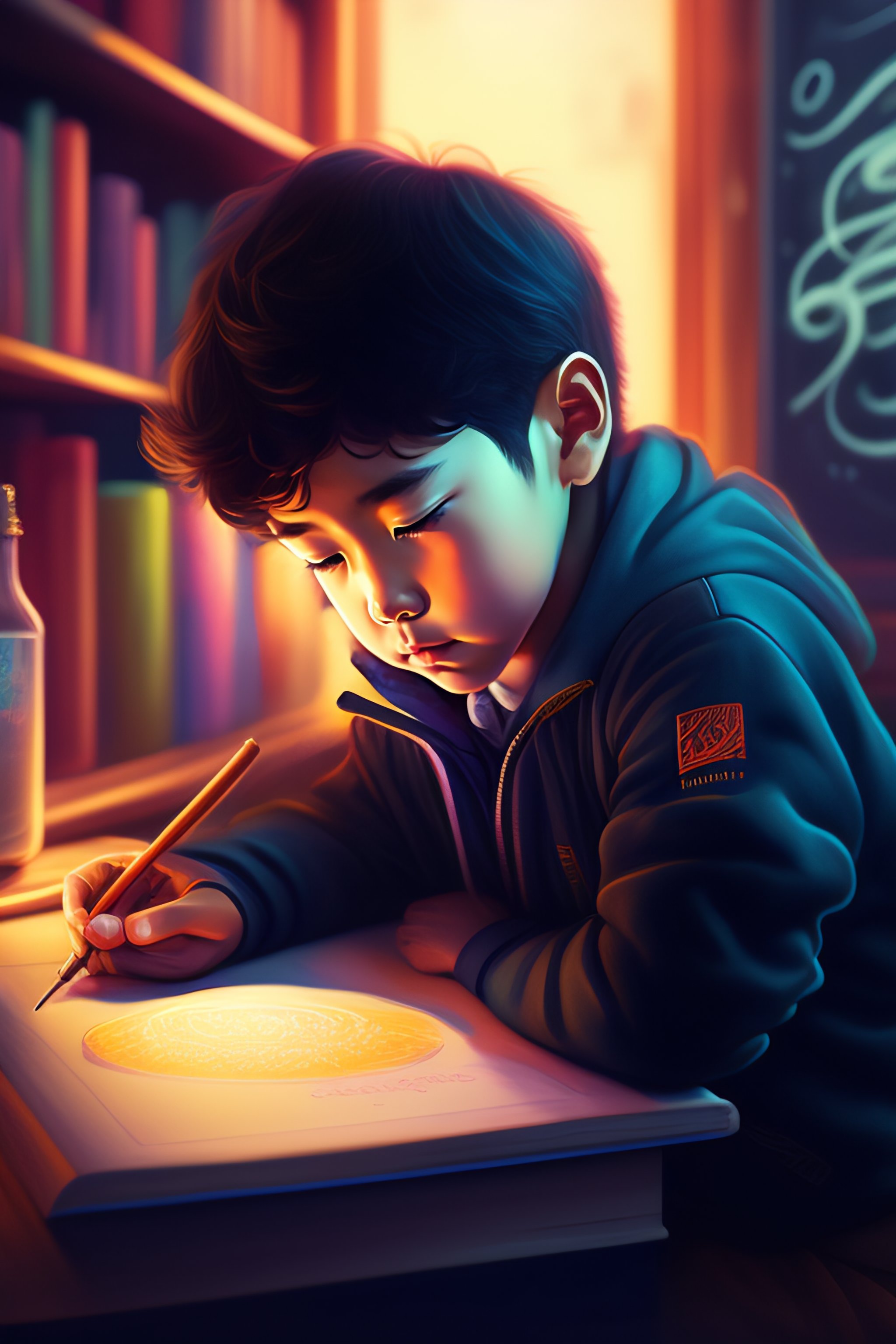 Lexica - A boy writing on a chalkboard, full shot, visible face ...