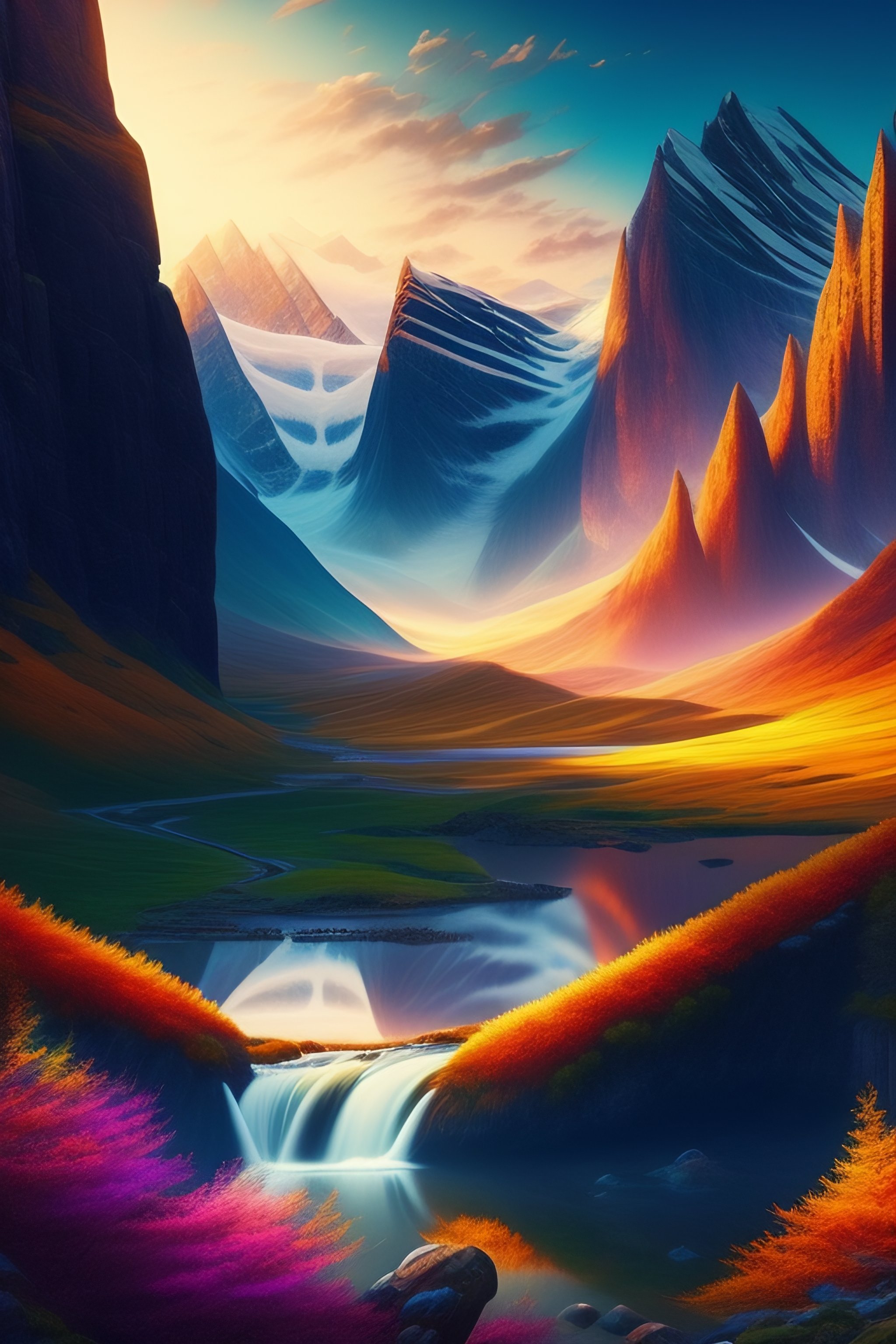 Lexica - A stunning landscape of towering mountains and rolling valleys ...