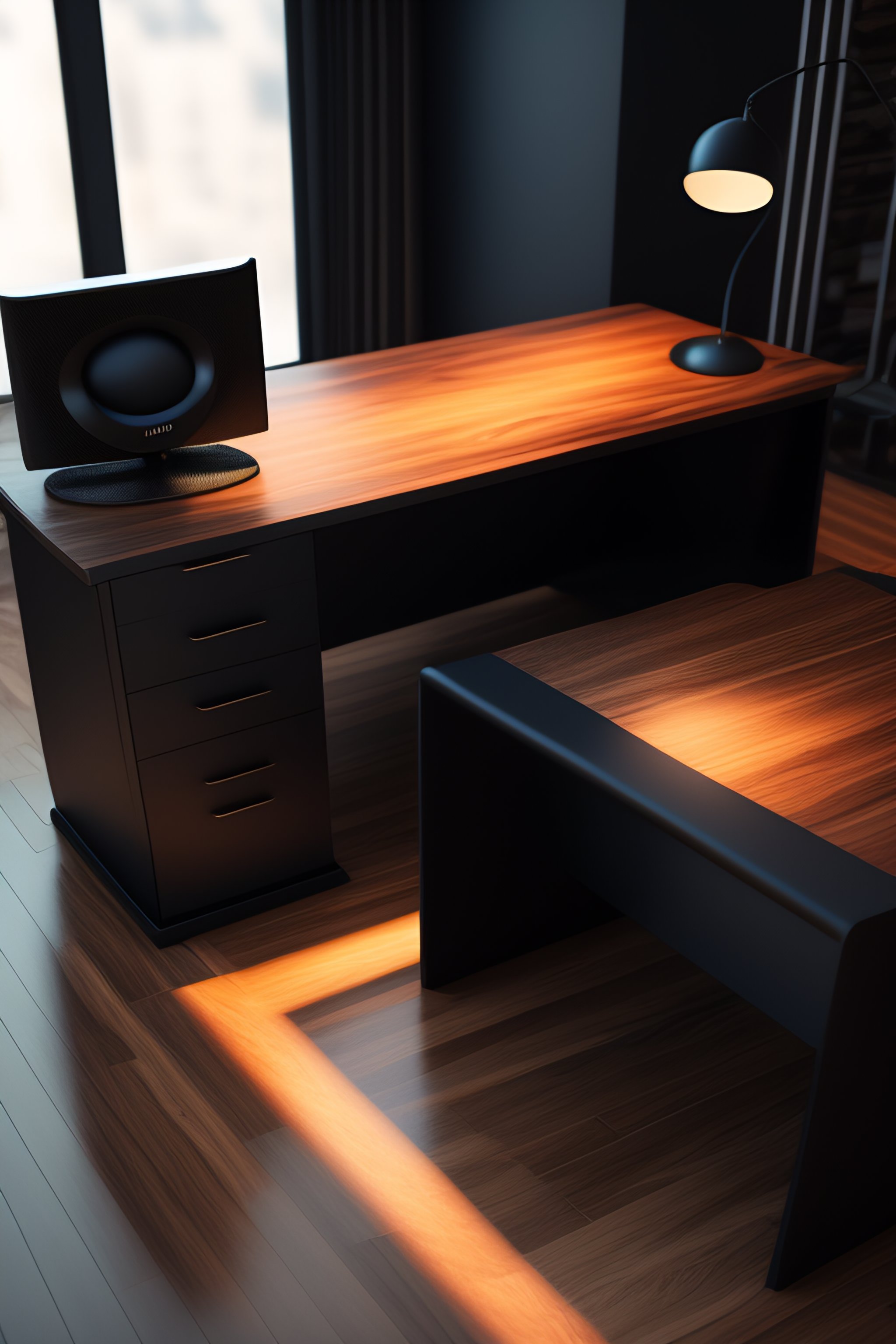 Lexica - A dark wood desk, with 2 longed curved monitors,very ...